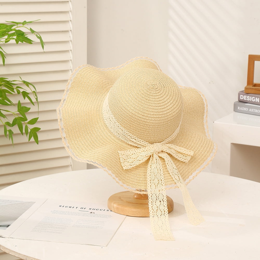 SikaFu Summer Sunscreen Woven Straw Hat Sweet Lace Ribbon Sun Hat ...