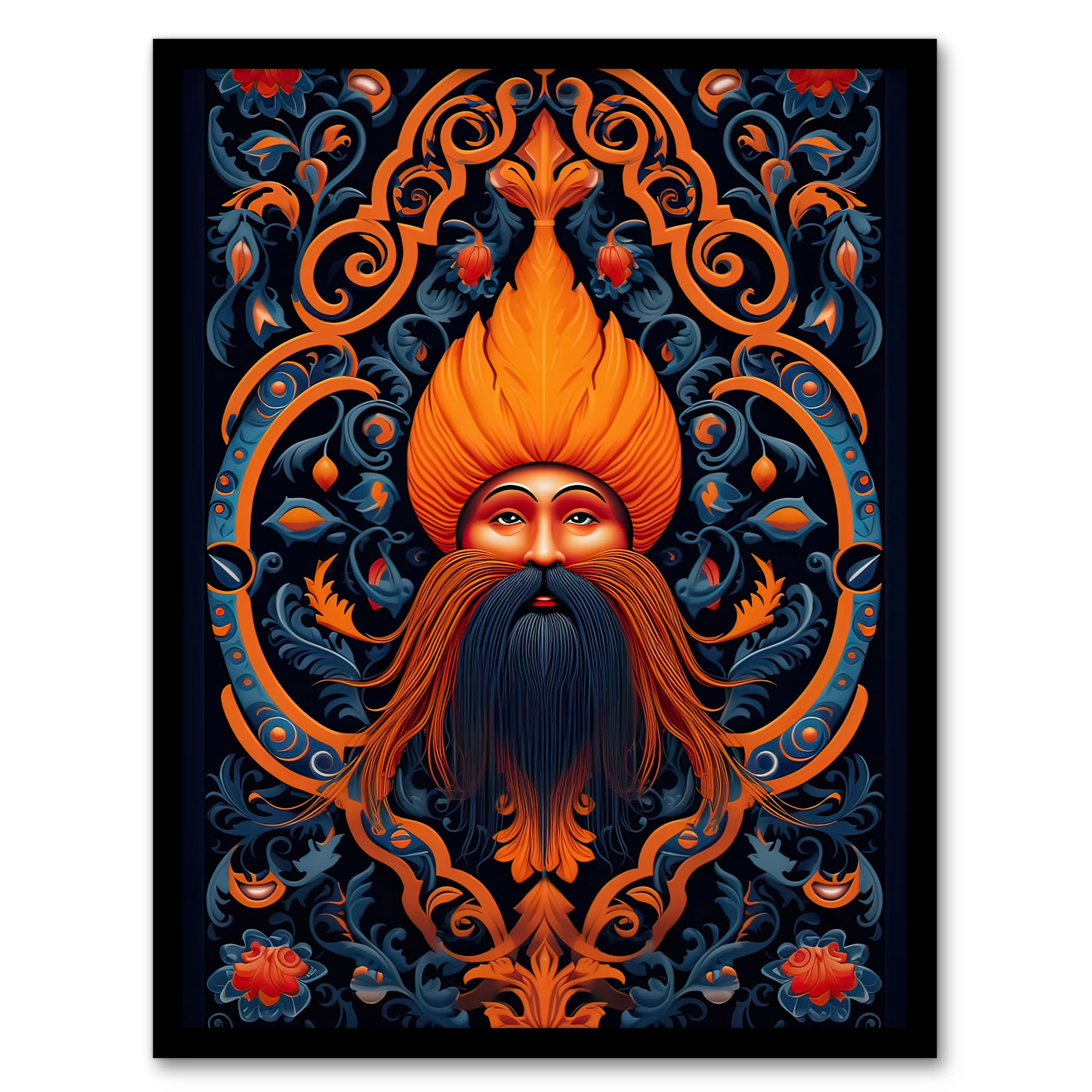 Sikh Guru and Botanical Pattern Vibrant Concept Art Orange Blue Vegetal ...