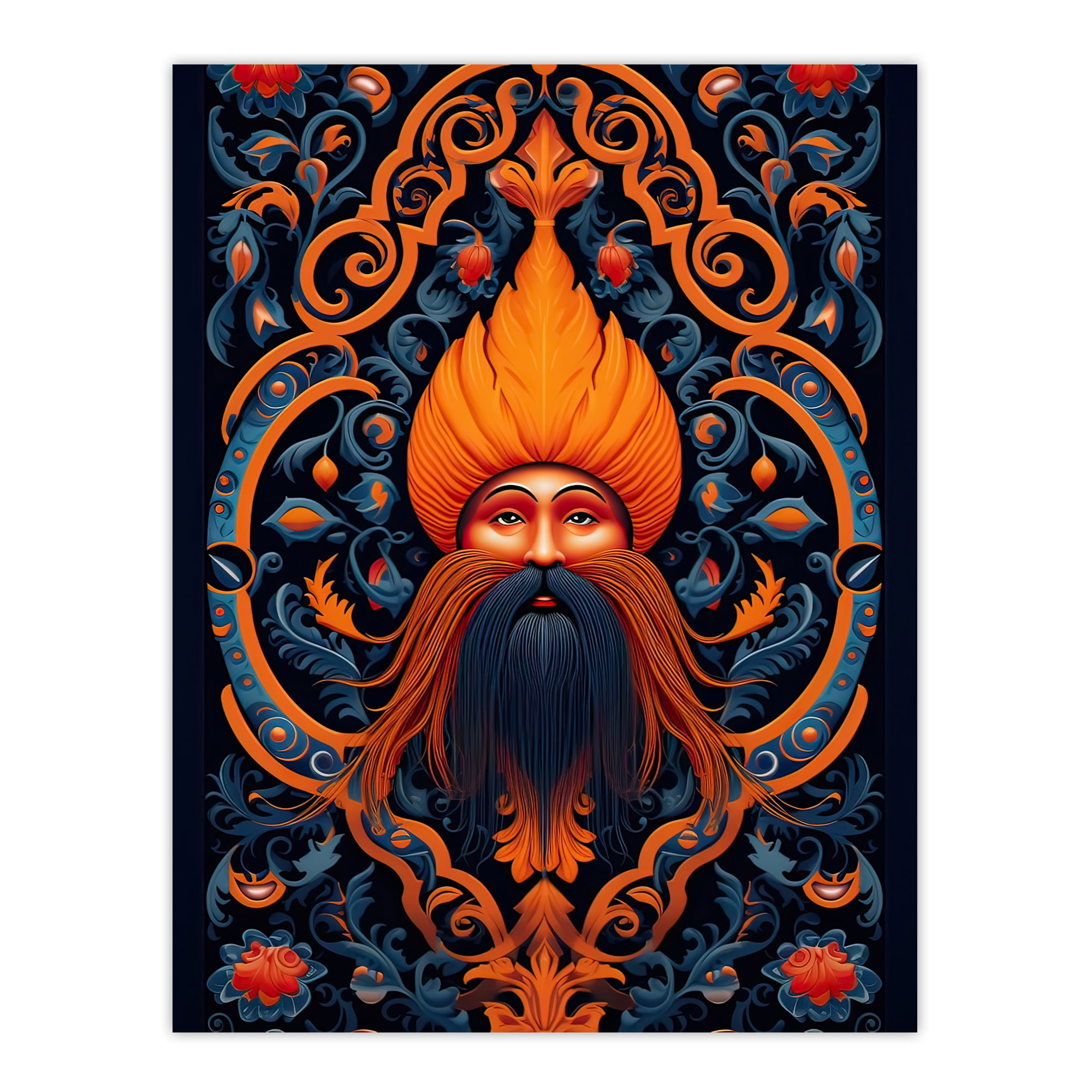 Sikh Guru and Botanical Pattern Vibrant Concept Art Orange Blue Vegetal ...
