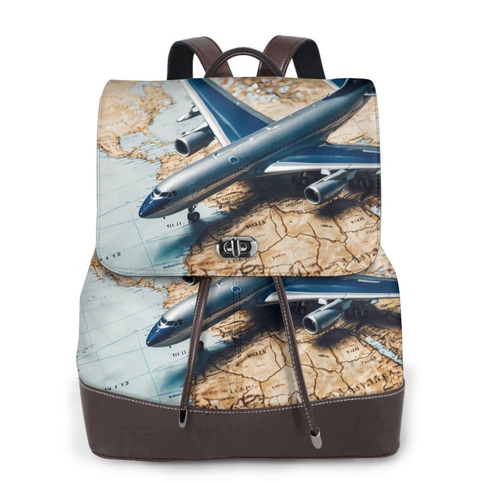 Sikiie Airplane World Map Adventure Women Genuine Leather Backpack ...