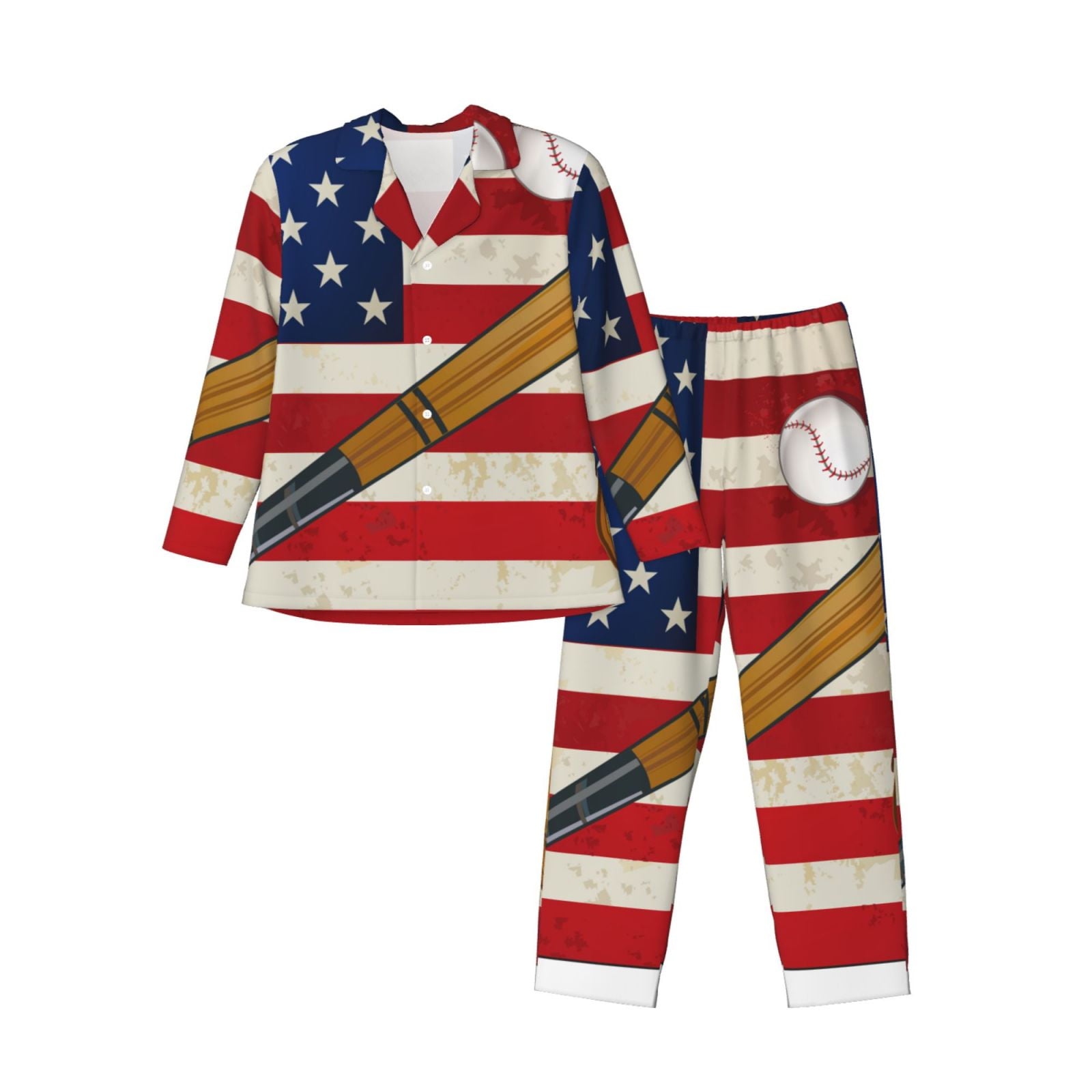 Sikiie American Flag And Baseball Mens Pajama Set, Soft Warm Long ...