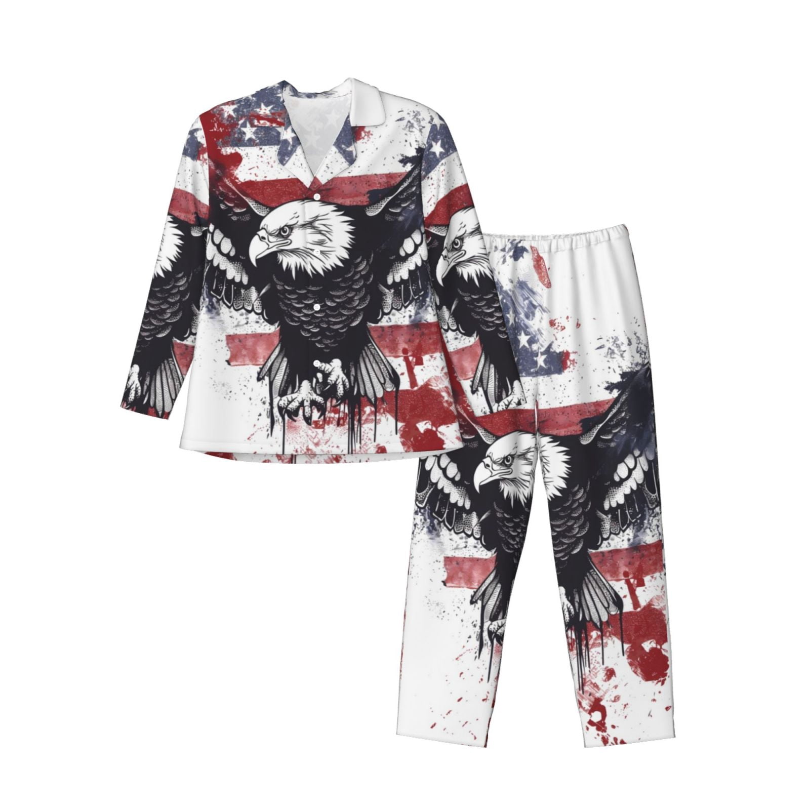Sikiie American Flag Eagle Art Mens Pajama Set, Soft Warm Long Sleeve ...