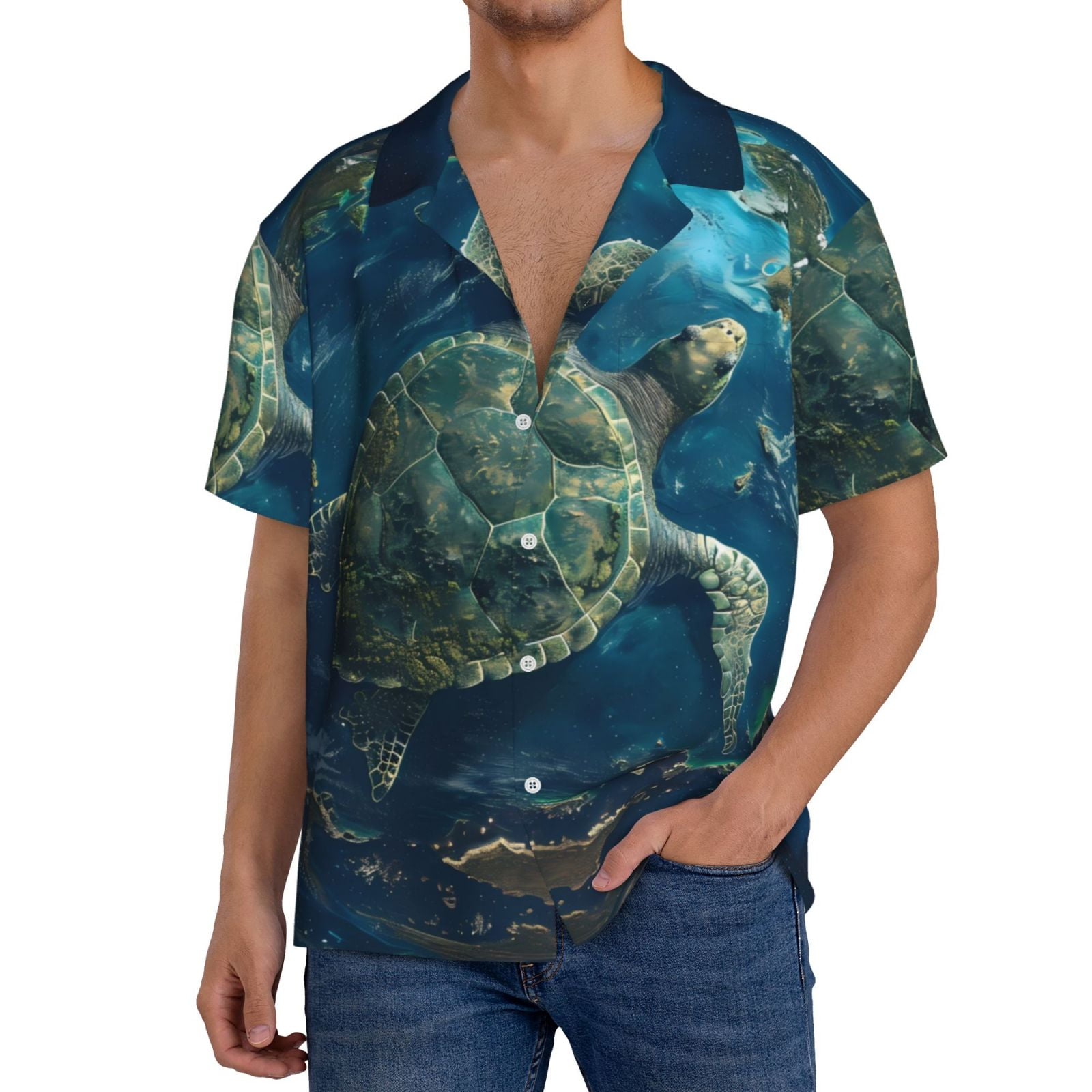 Sikiie Artistic Turtle Earth Men's Wrinkle Free Untucked Cuban Shirt ...