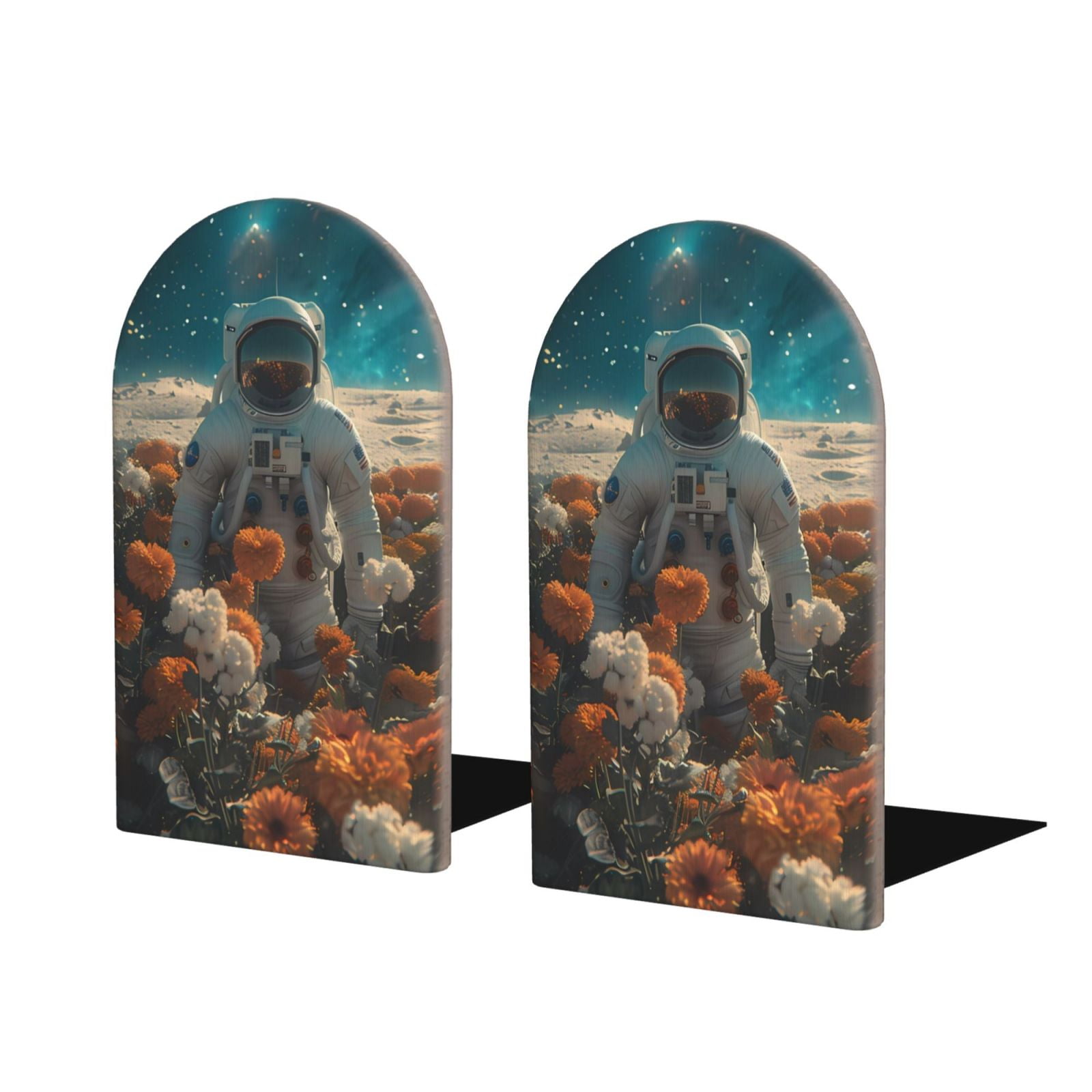 Sikiie Astronaut Flower Field Bookends 1 Pair, Wood Bookends for ...