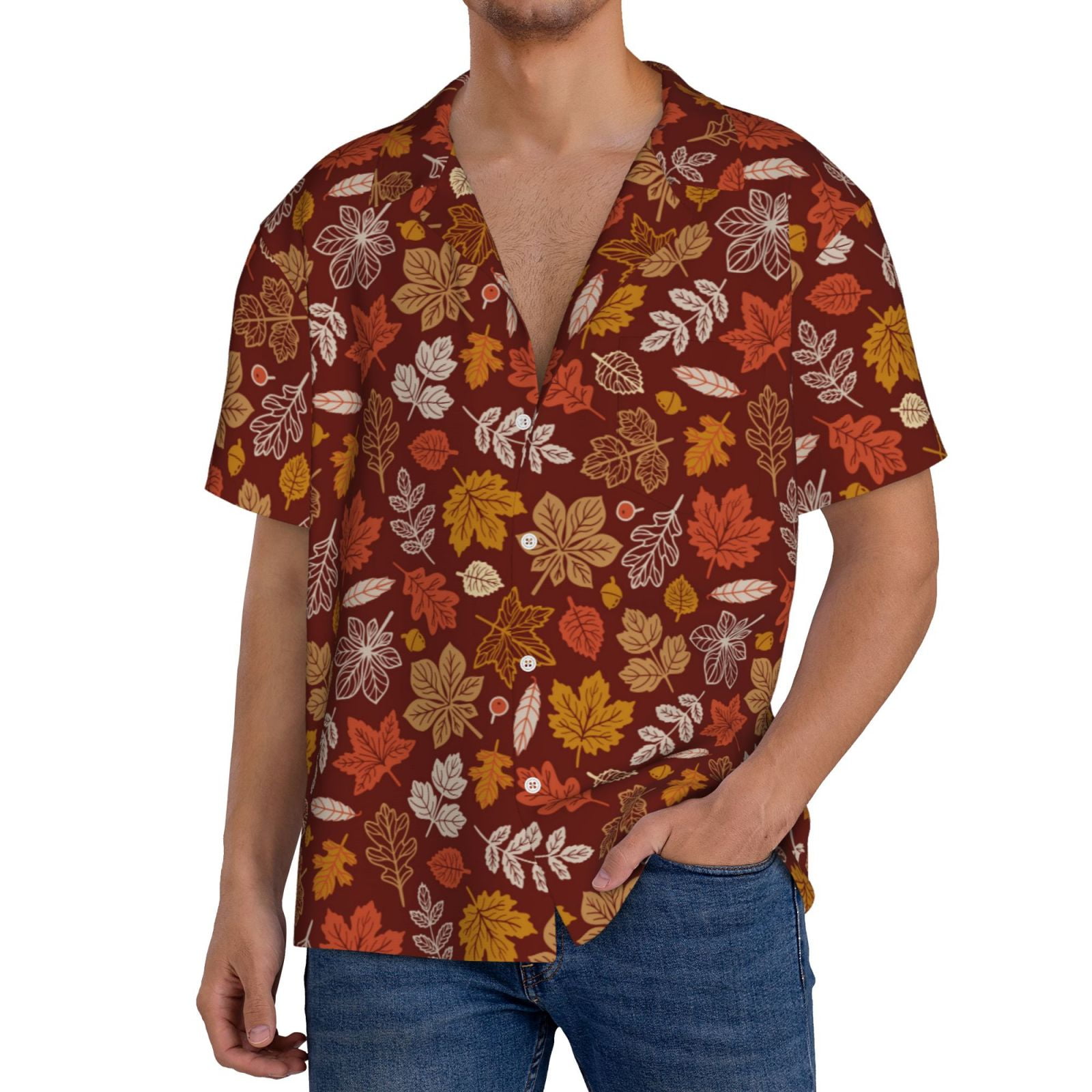 Sikiie Autumn Warm Tone Maple Leaf Men's Cuban Shirt, Hawaiian Shirts, Business Casual Button ...