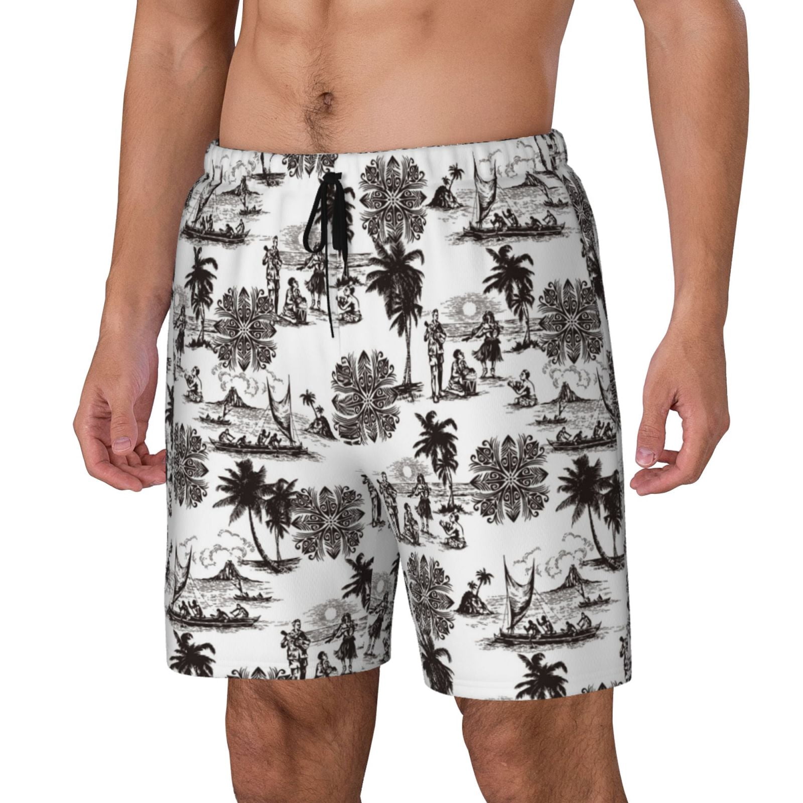 Sikiie Beach Print Men's Double Layer Swimming Trunks, Adjustable ...