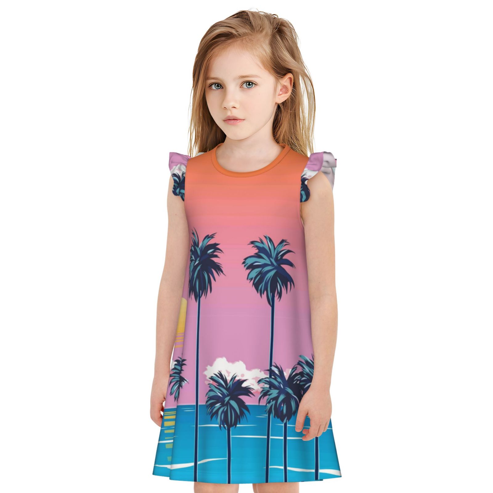 Sikiie Beach with Palm Trees Girls Nightgowns 3-10 Years Flutter Short ...