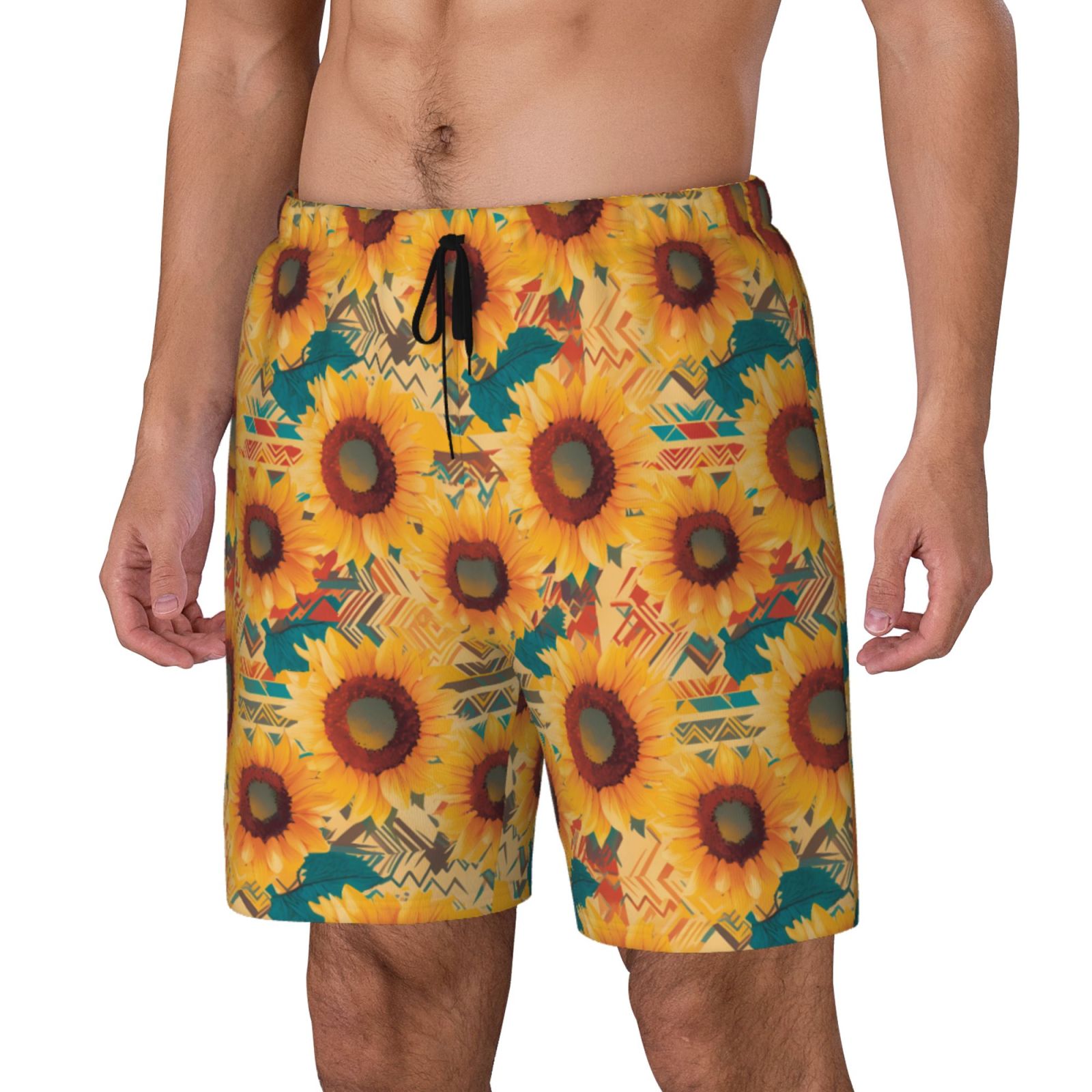 Sikiie Beautiful Bohemian Sunflower Print Men's Double Layer Swimming ...