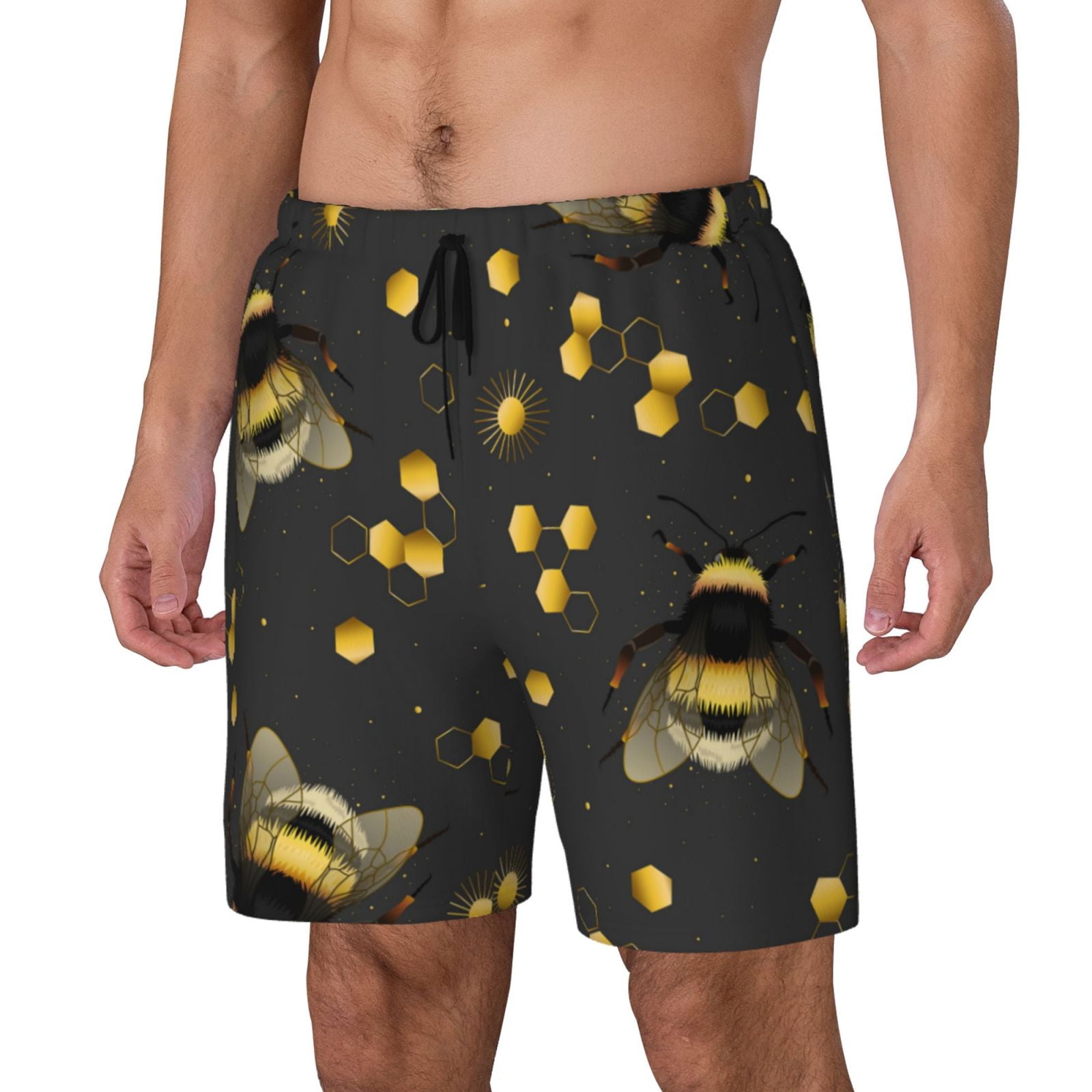 Sikiie Bee Print Men's Double Layer Swimming Trunks, Adjustable ...