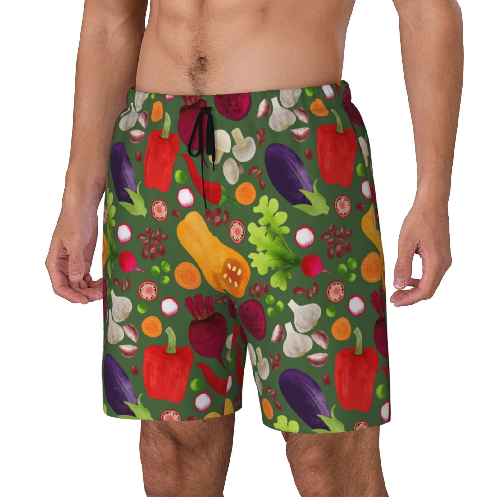 Sikiie Begetable Print Men's Double Layer Swimming Trunks, Adjustable ...