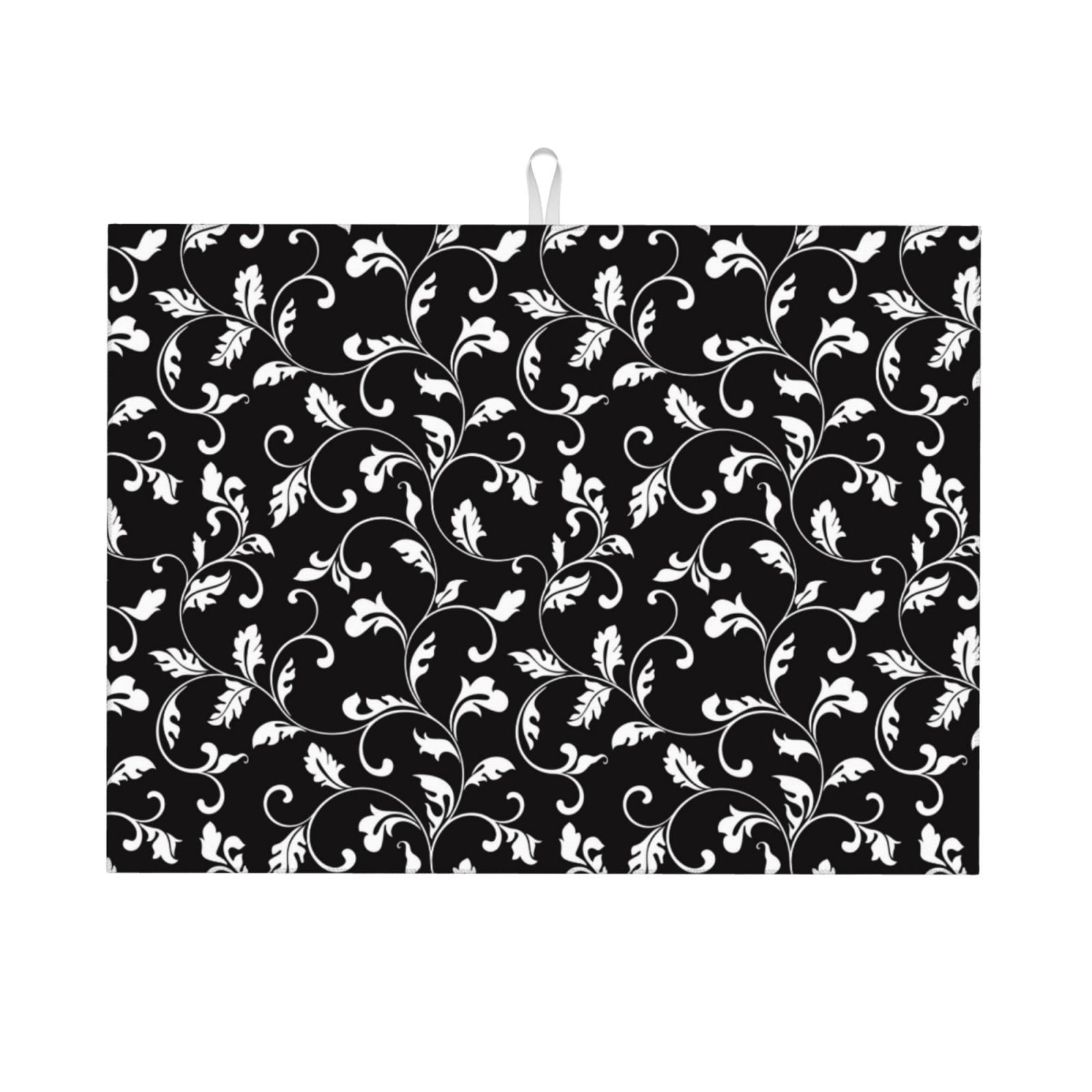 Sikiie Black White Leaves Dish Drying Mat, Kitchen Counter Mat, Self Drying Mat for Kitchen ...
