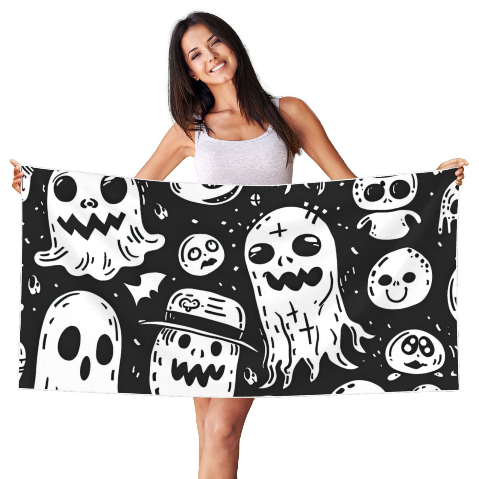 Sikiie Black White Spooky Ghosts Beach Towel for Women Men, Pool Bath ...