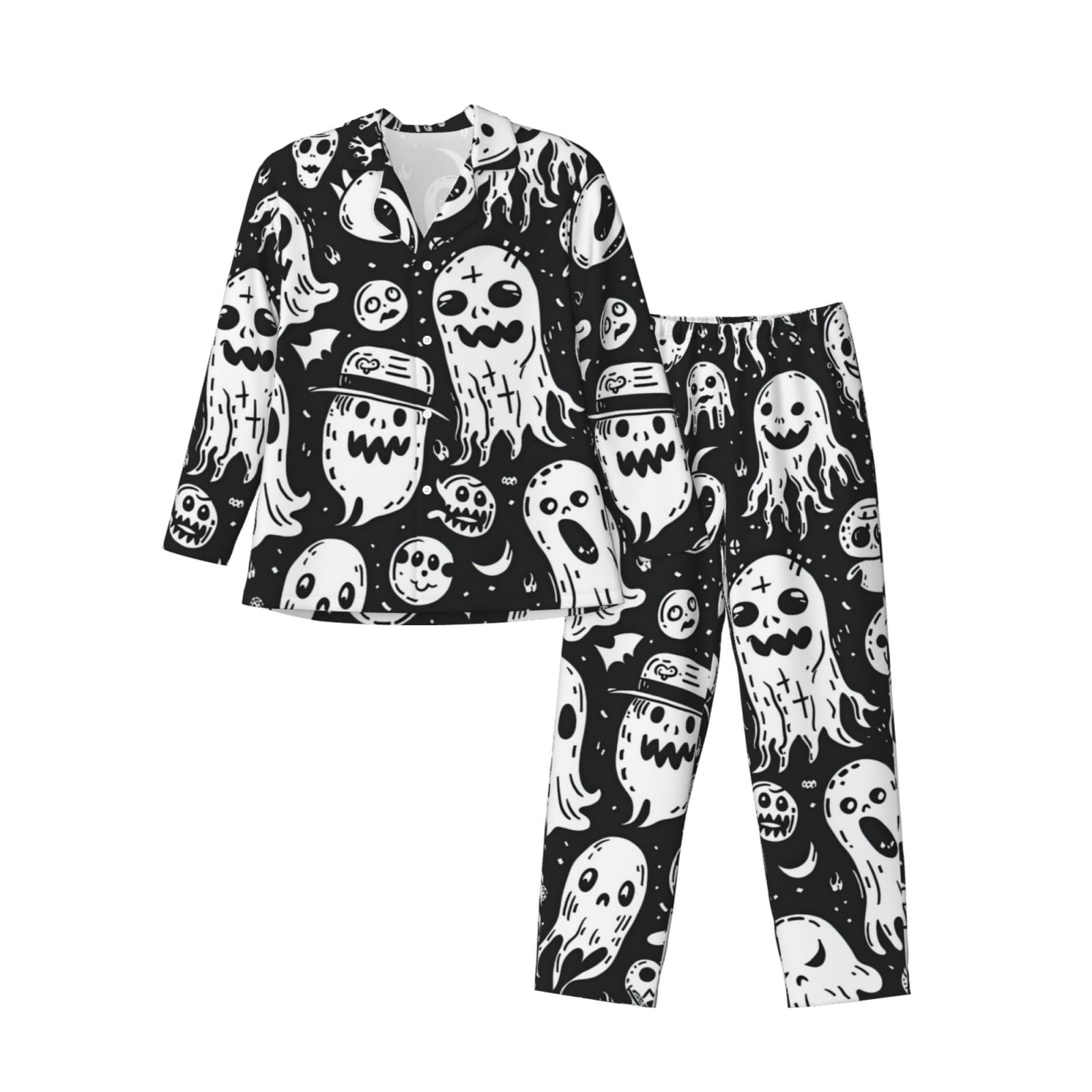 Sikiie Black White Spooky Ghosts Mens Pajama Set, Soft Warm Long Sleeve ...