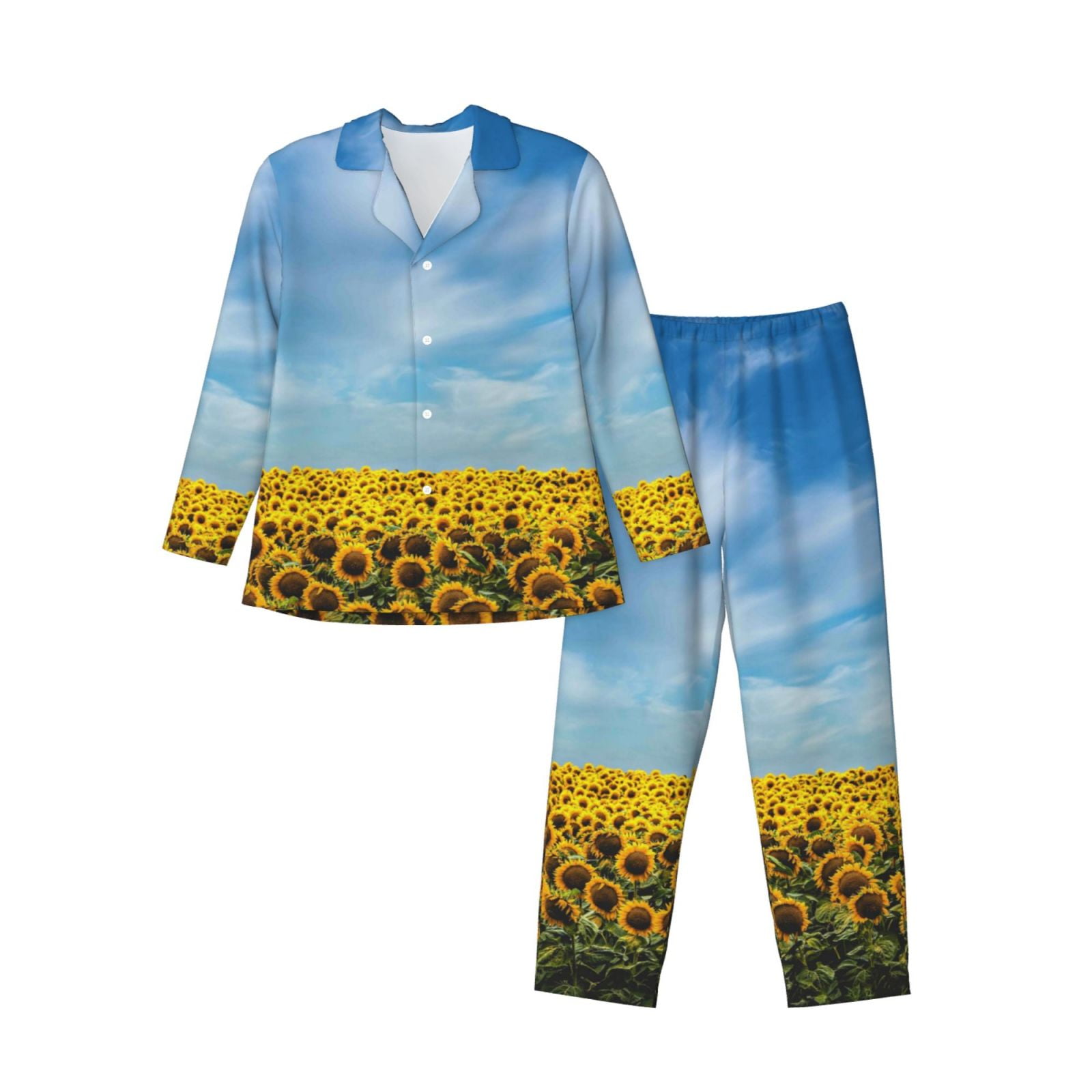 Sikiie Blooming Sunflower Field Mens Pajama Set, Soft Warm Long Sleeve ...