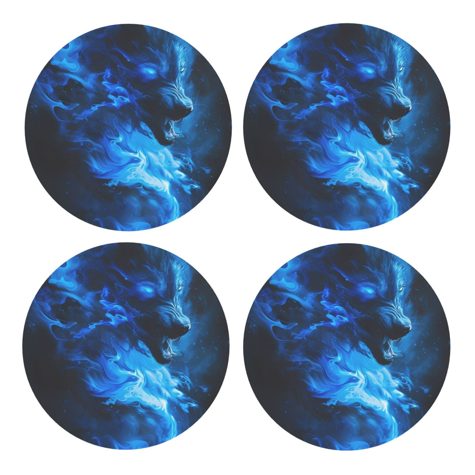 Sikiie Blue Fire Cool Wolf MDF Cork Coaster 4 Pcs - Absorbent Beverage ...