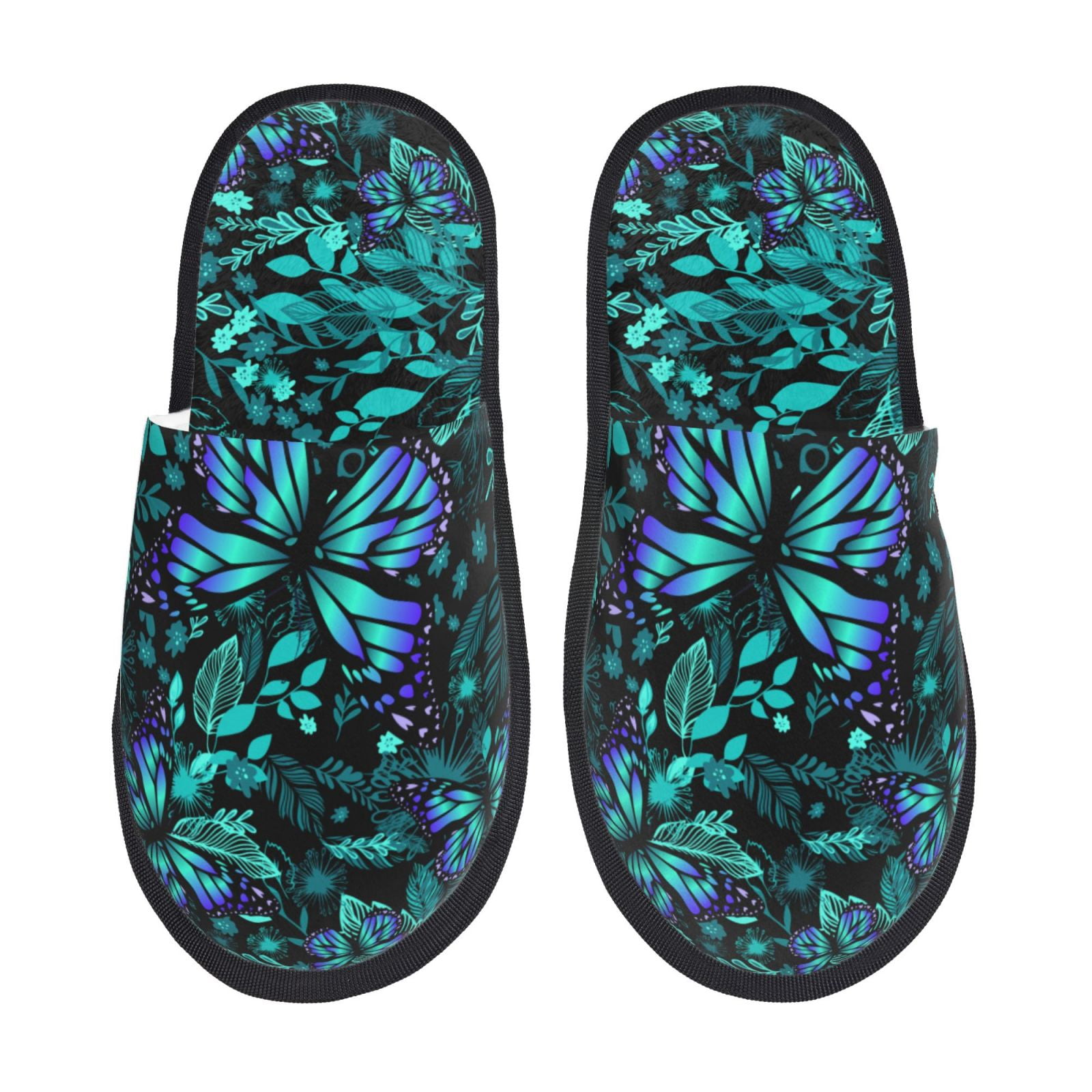 Sikiie Blue Floral with Butterflies Fuzzy Slip-on Slippers Warm Cozy ...