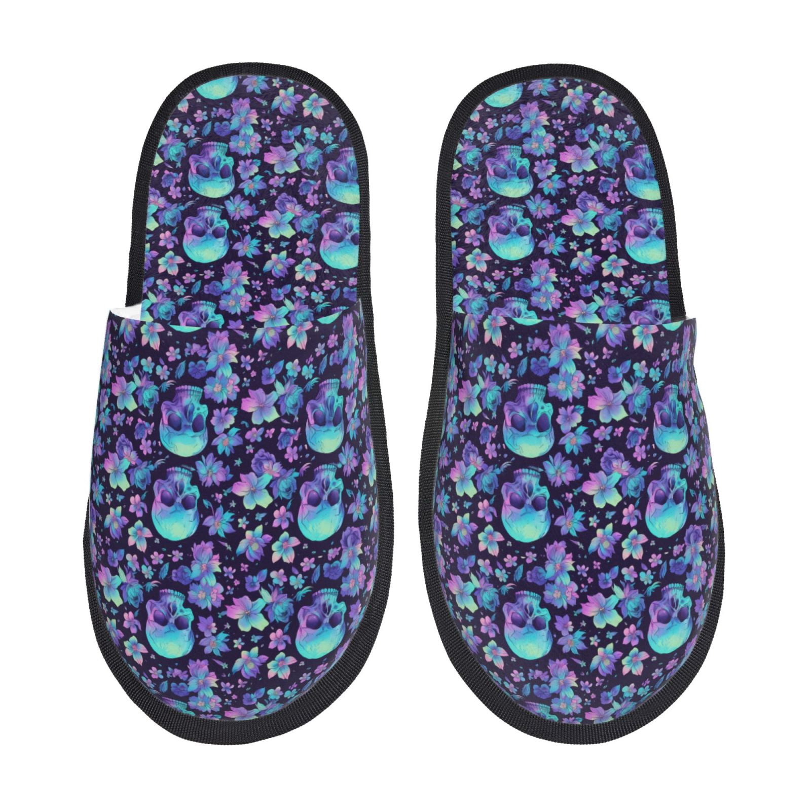 Sikiie Blue Flower Skull Fuzzy Slip-on Slippers Warm Cozy Soft ...