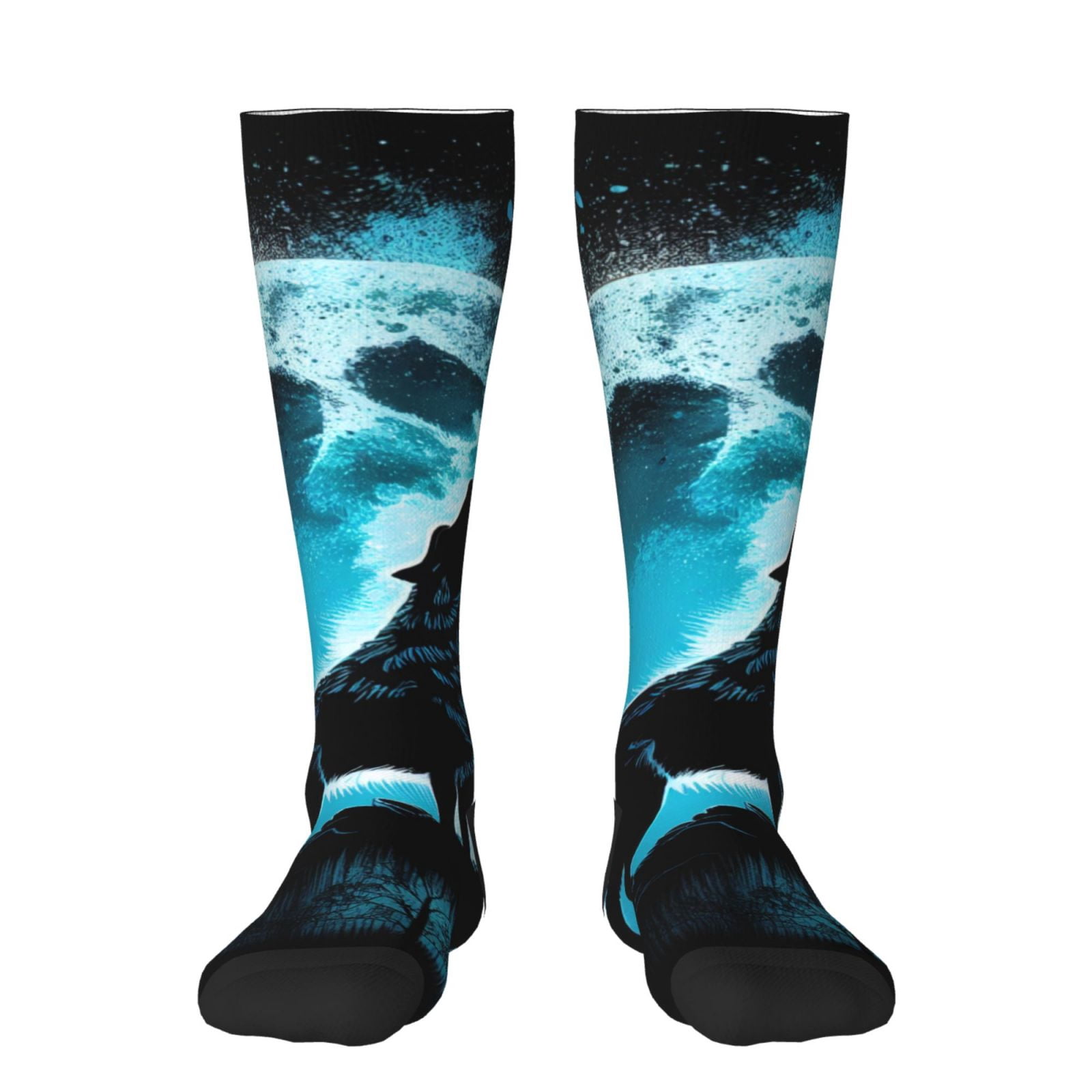 Sikiie Blue Full Moon Wolf Knee Socks, High Socks Long Stretchy Sock ...