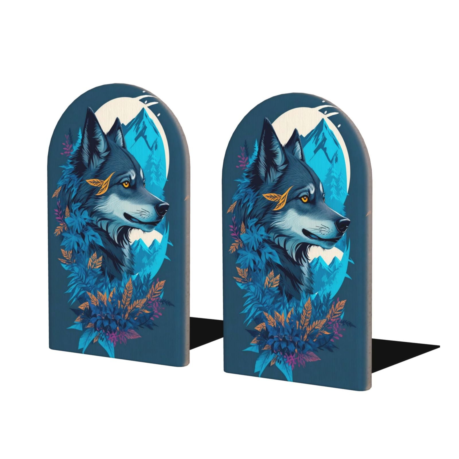 Sikiie Blue Iceberg Leaf Wolf Bookends 1 Pair, Wood Bookends for ...