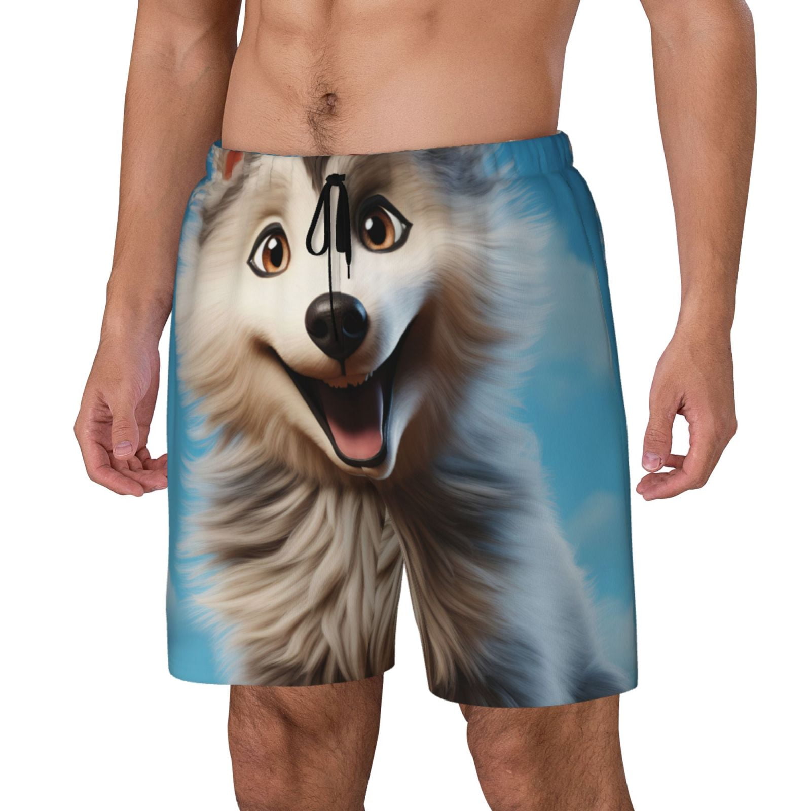 Sikiie Blue Sky Cute Wolf Print Men's Double Layer Swimming Trunks ...