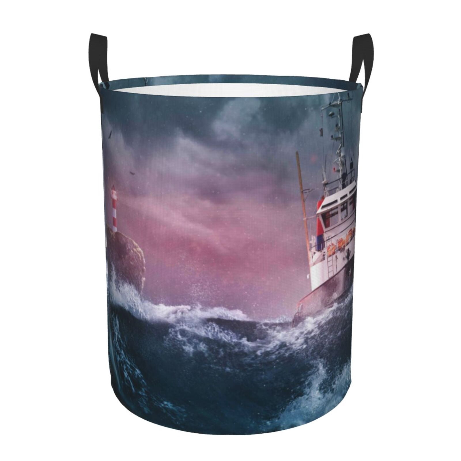 Sikiie Boat Lighthouse Storm Waves Print Round Dirty Clothes Basket ...