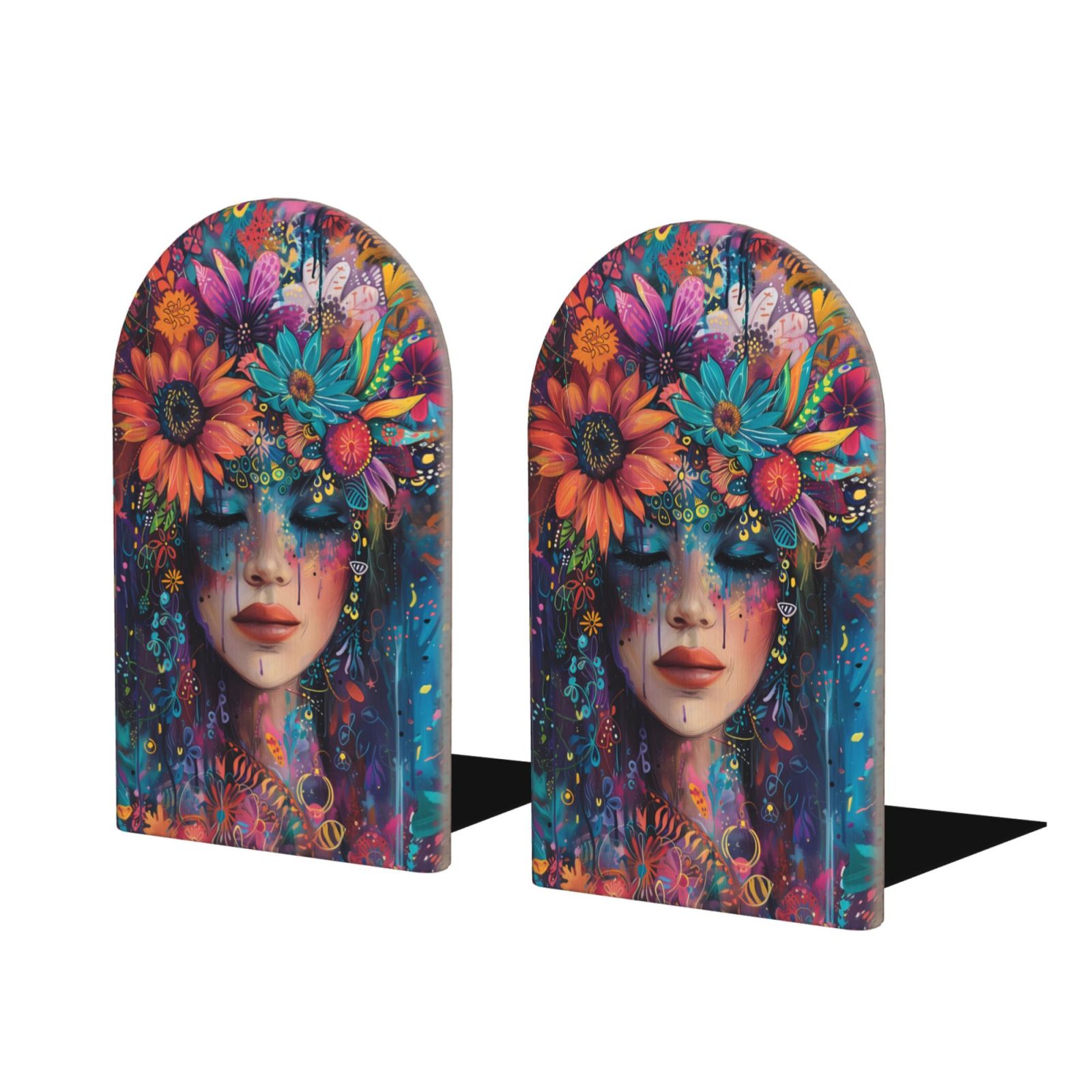 Sikiie Bohemian Colorful Flower Woman Bookends 1 Pair, Wood Bookends ...