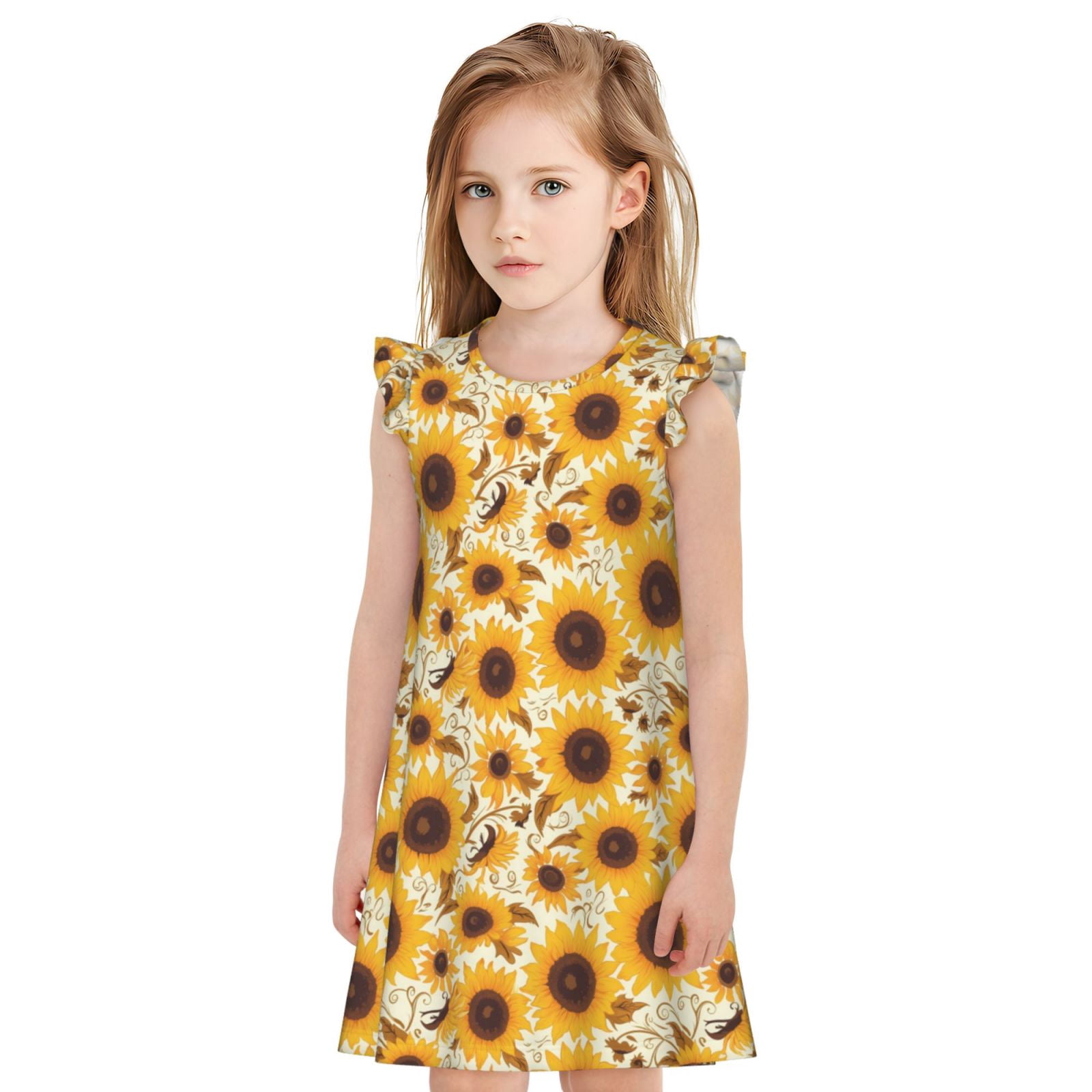Sikiie Brown Leaf Pattern Sunflower Girls Nightgowns 3-10 Years Flutter ...
