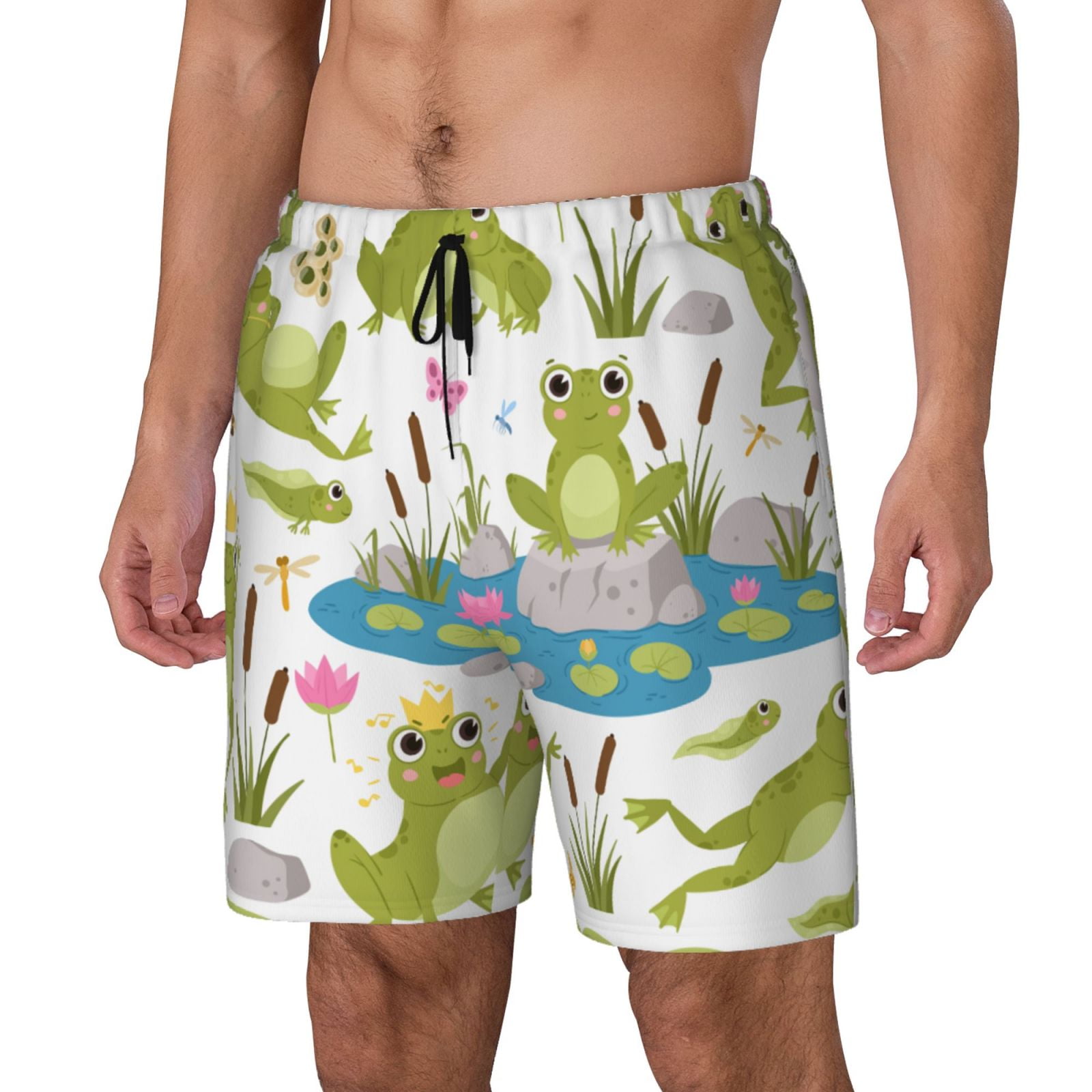 Sikiie Cartoon Frogs Print Men's Double Layer Swimming Trunks ...