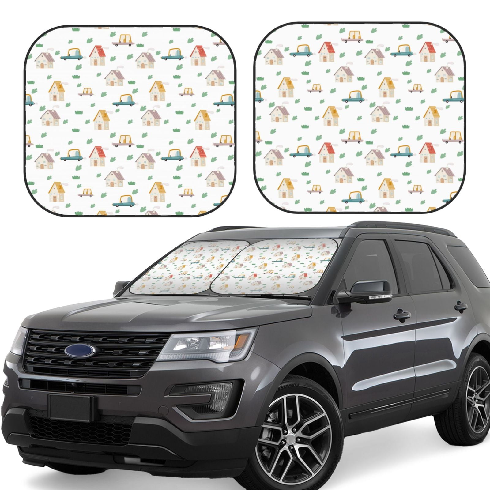 Sikiie Cartoon House Print Foldable Car Windshield Sun Visor, Car ...