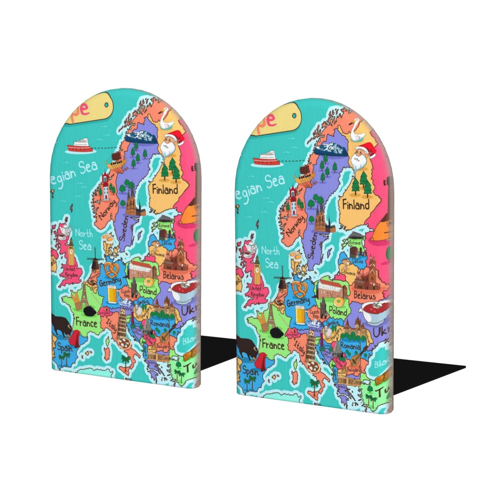 Sikiie Cartoon Map Of Europe Bookends 1 Pair, Wood Bookends for Shelves ...