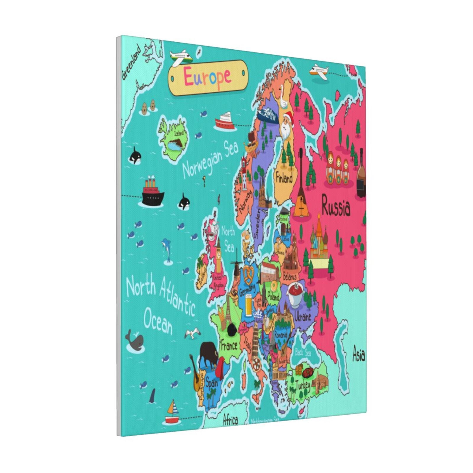 Sikiie Cartoon Map Of Europe Print Canvas Decorative Hanging Painting ...