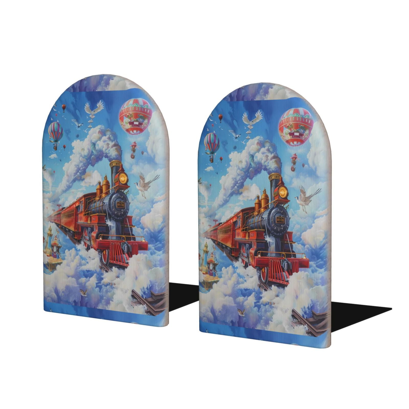 Sikiie Cartoon Train Hot Air Balloon Bookends 1 Pair, Wood Bookends for ...