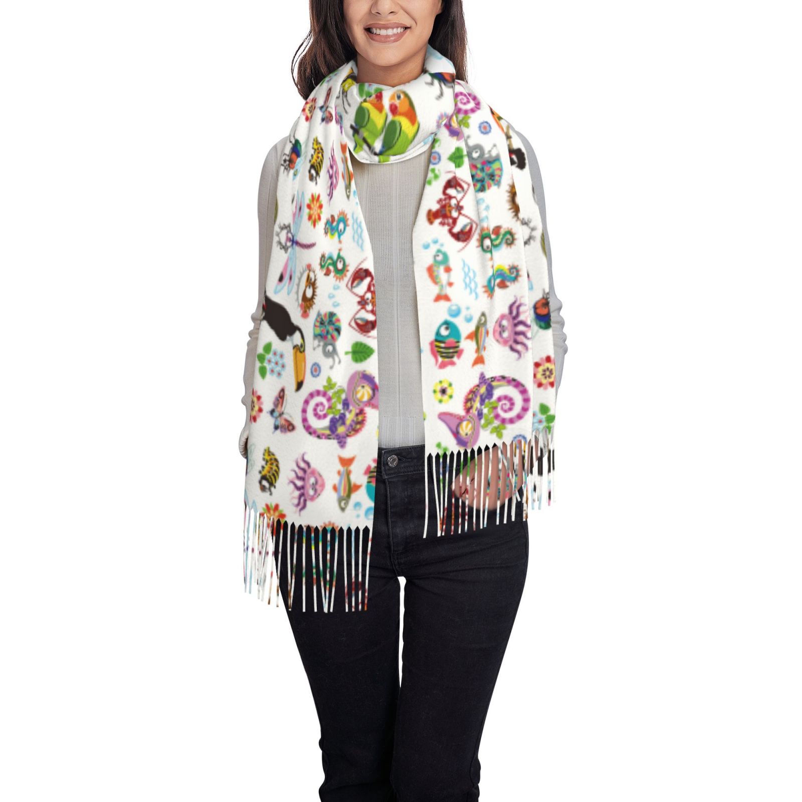 Sikiie Cartoon Wild Animals Shawl Wraps Big Scarf Tassel Fall Winter ...
