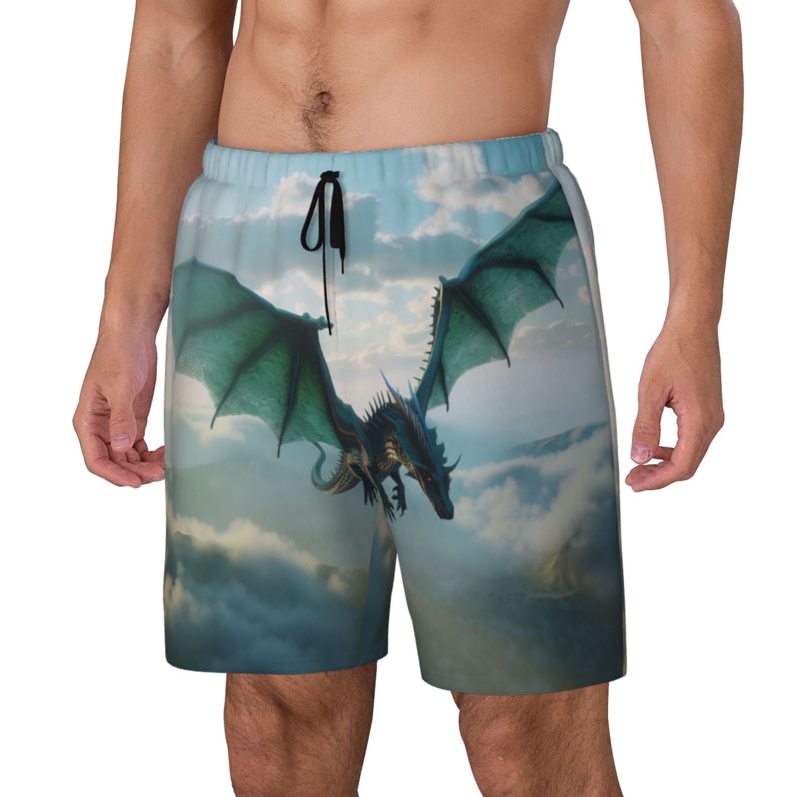 Sikiie Cloud Sky Green Dragon Print Men's Double Layer Swimming Trunks ...