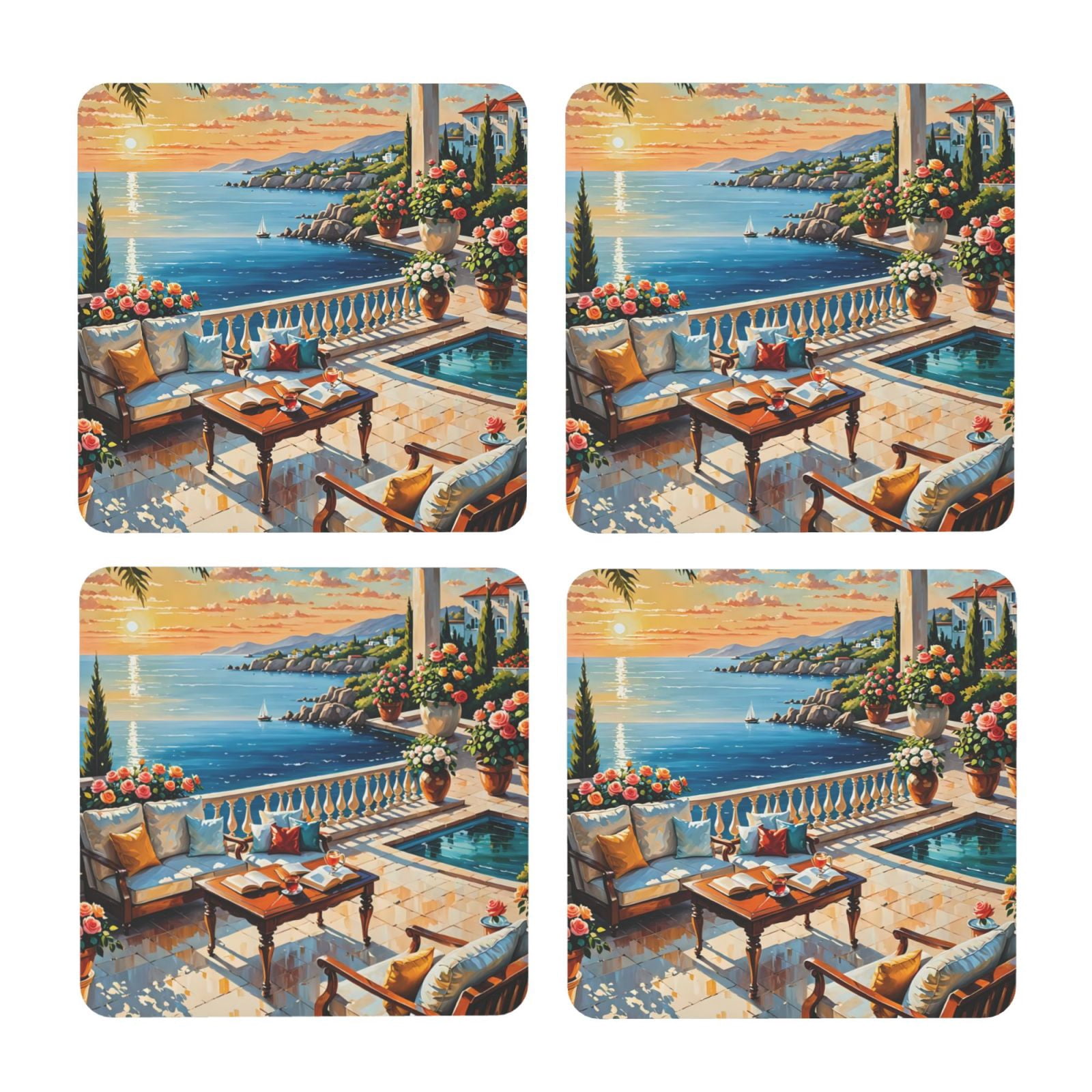 Sikiie Coastal Style Garden Villa MDF Cork Coaster 4 Pcs - Absorbent ...