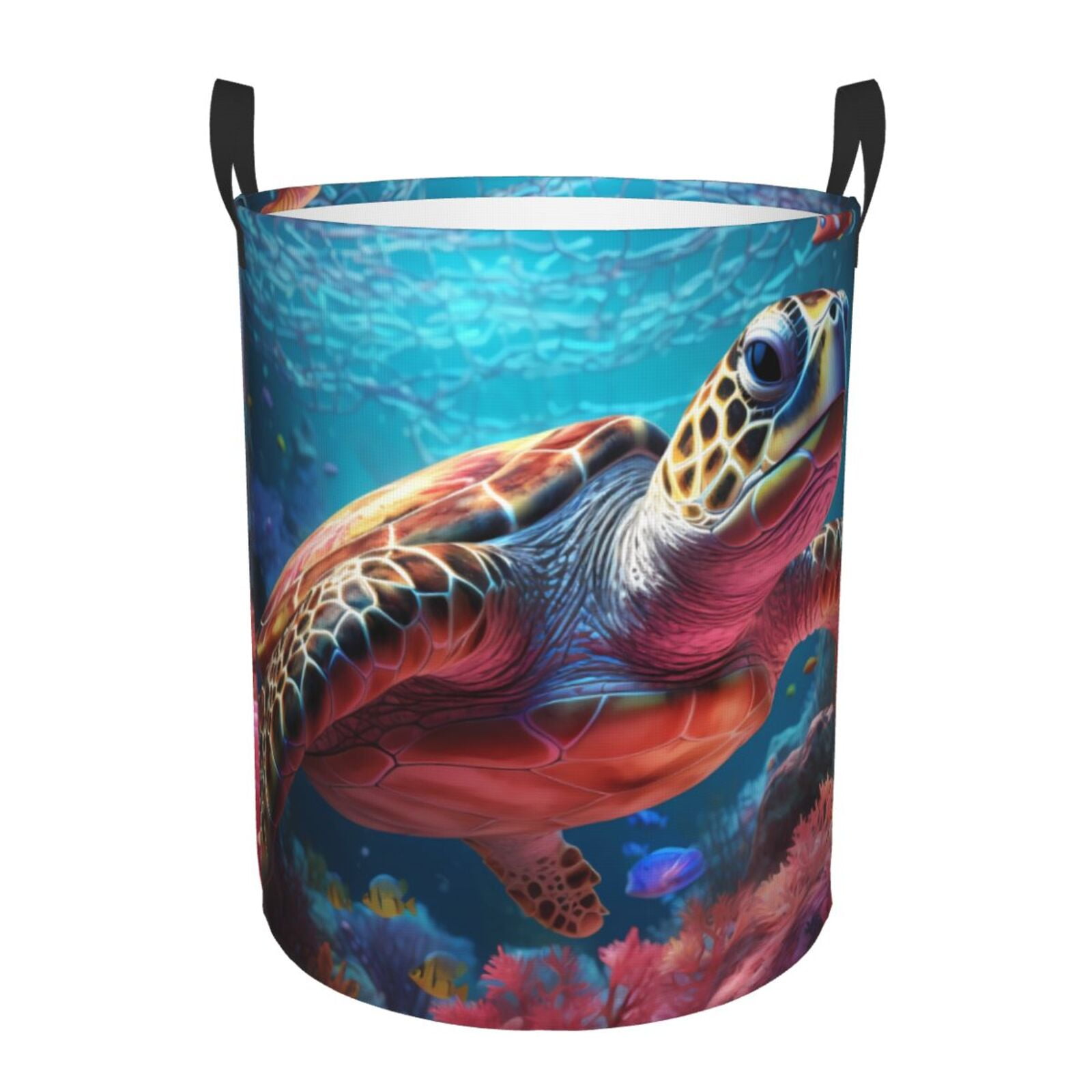 Sikiie Colorful Ocean Sea Turtle Print Round Dirty Clothes Basket, Waterproof Standing Foldable ...