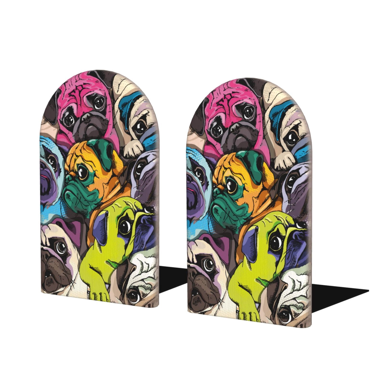 Sikiie Colorful Pug Bookends 1 Pair, Wood Bookends for Shelves, Book ...