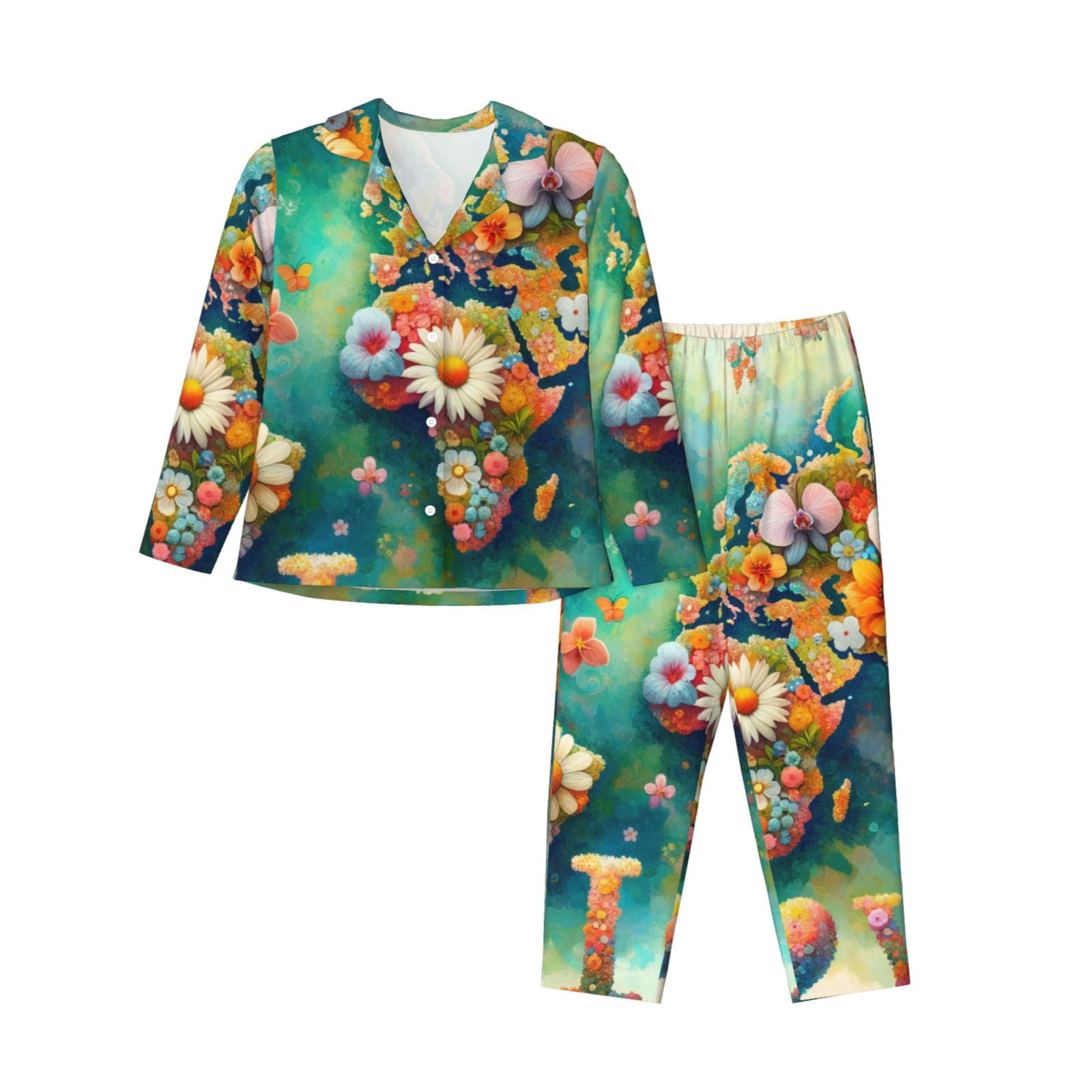 Sikiie Colorful World Map Pajamas for Women Set, Womens Pajama Sets ...
