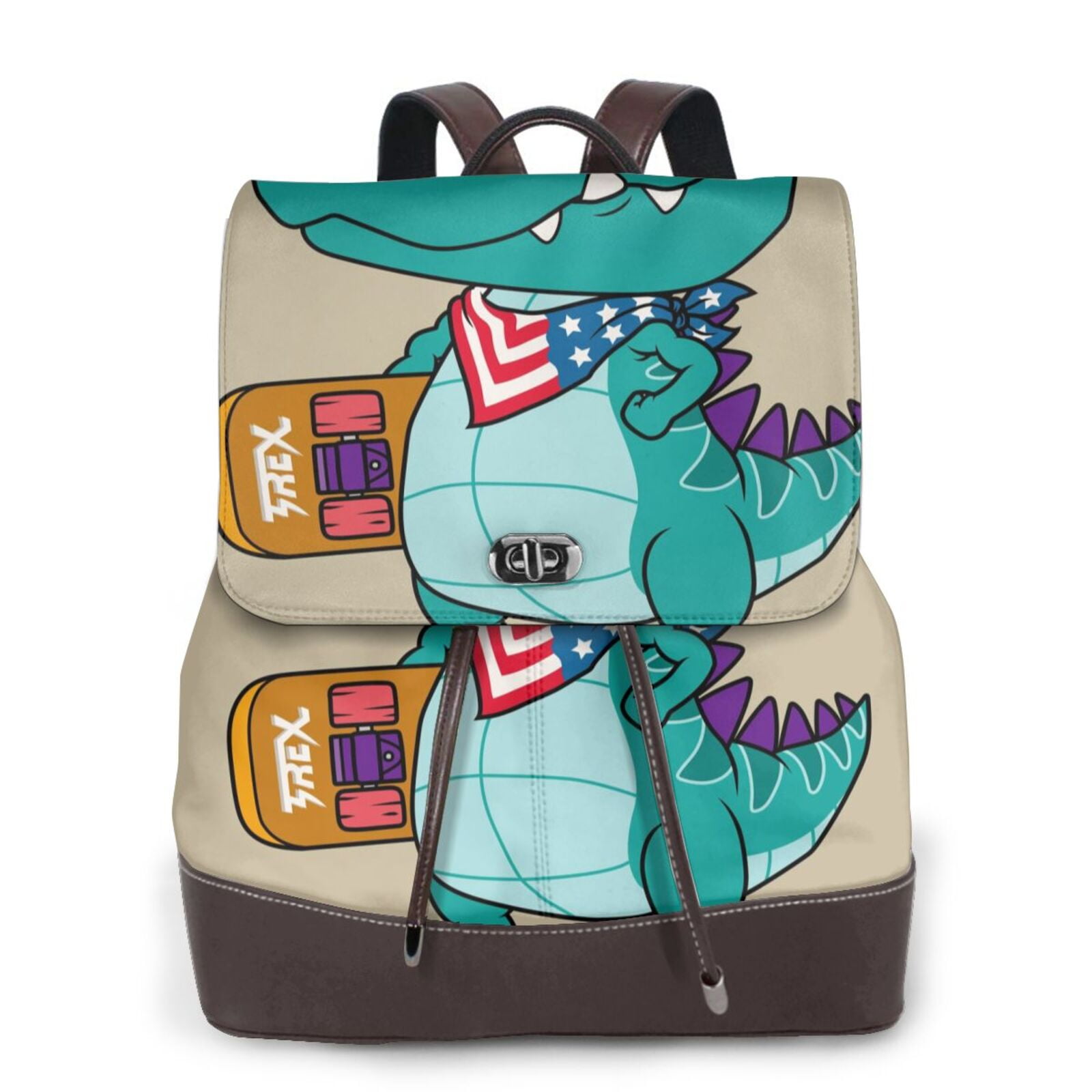 Sikiie Cool Dino Playing Skateboard Women Genuine Leather Backpack ...