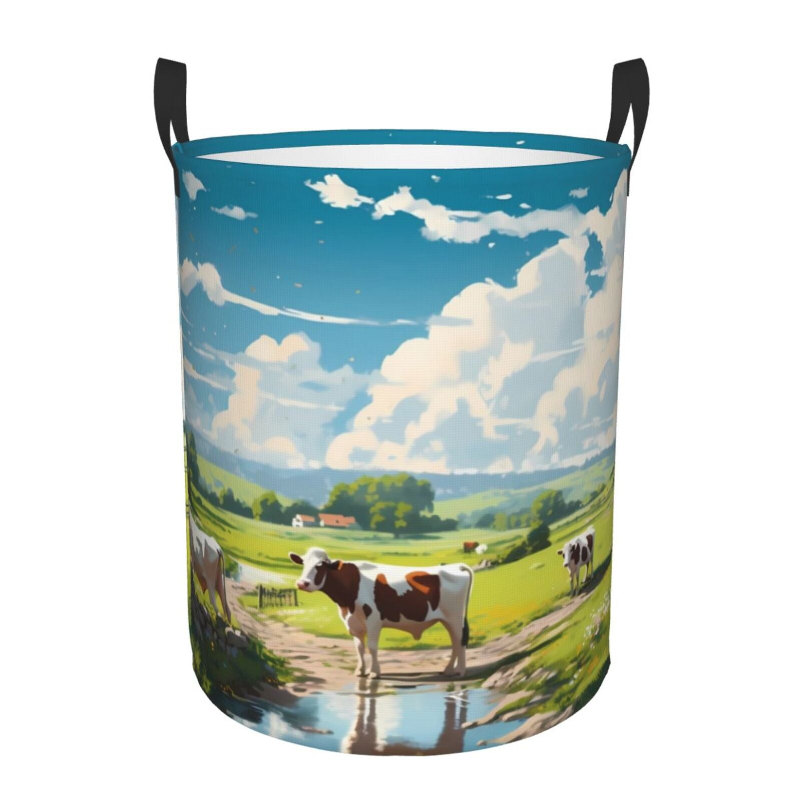 Sikiie Countryside Farm Cow Print Round Dirty Clothes Basket ...