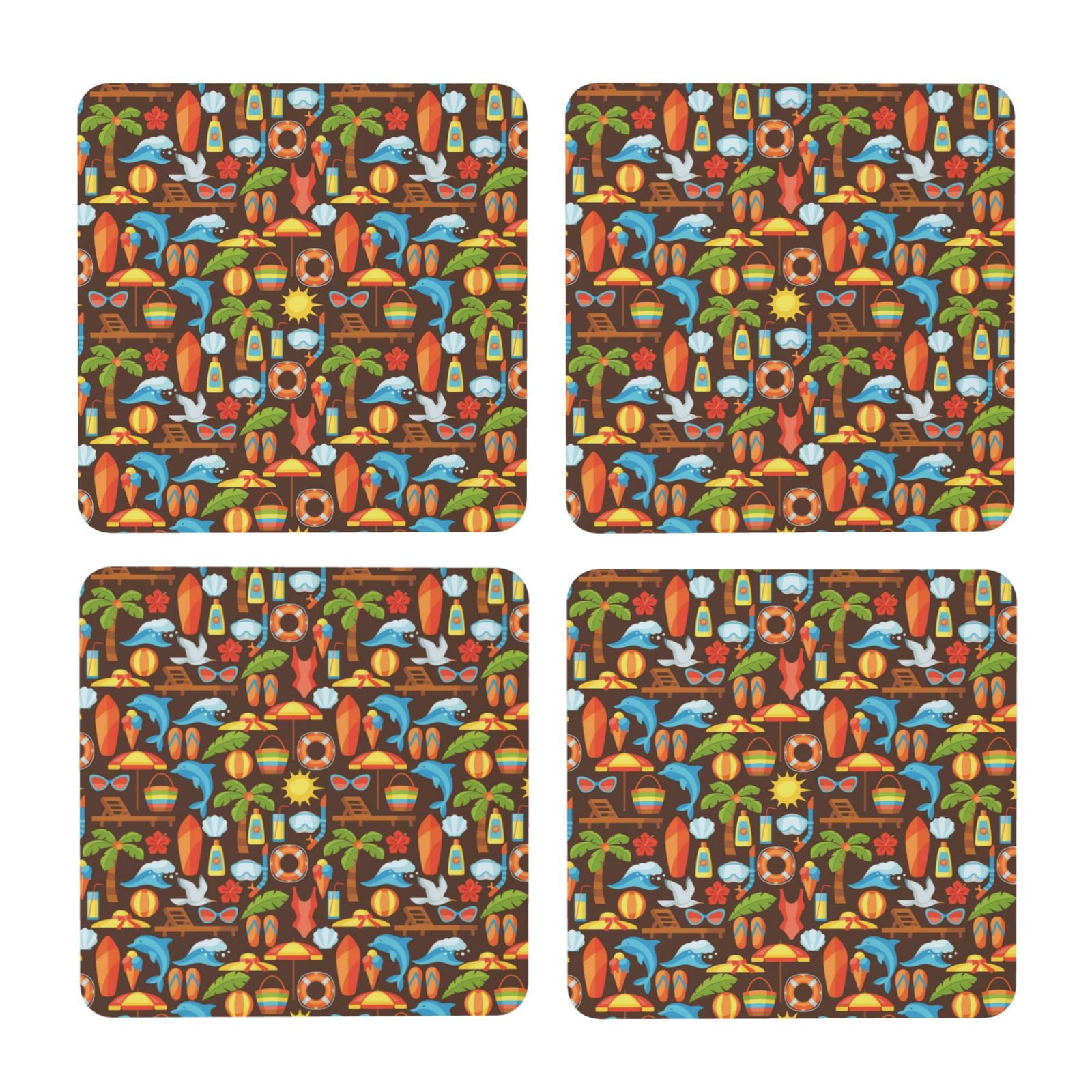 Sikiie Cute Beach Dolphin MDF Cork Coaster 4 Pcs - Absorbent Beverage ...
