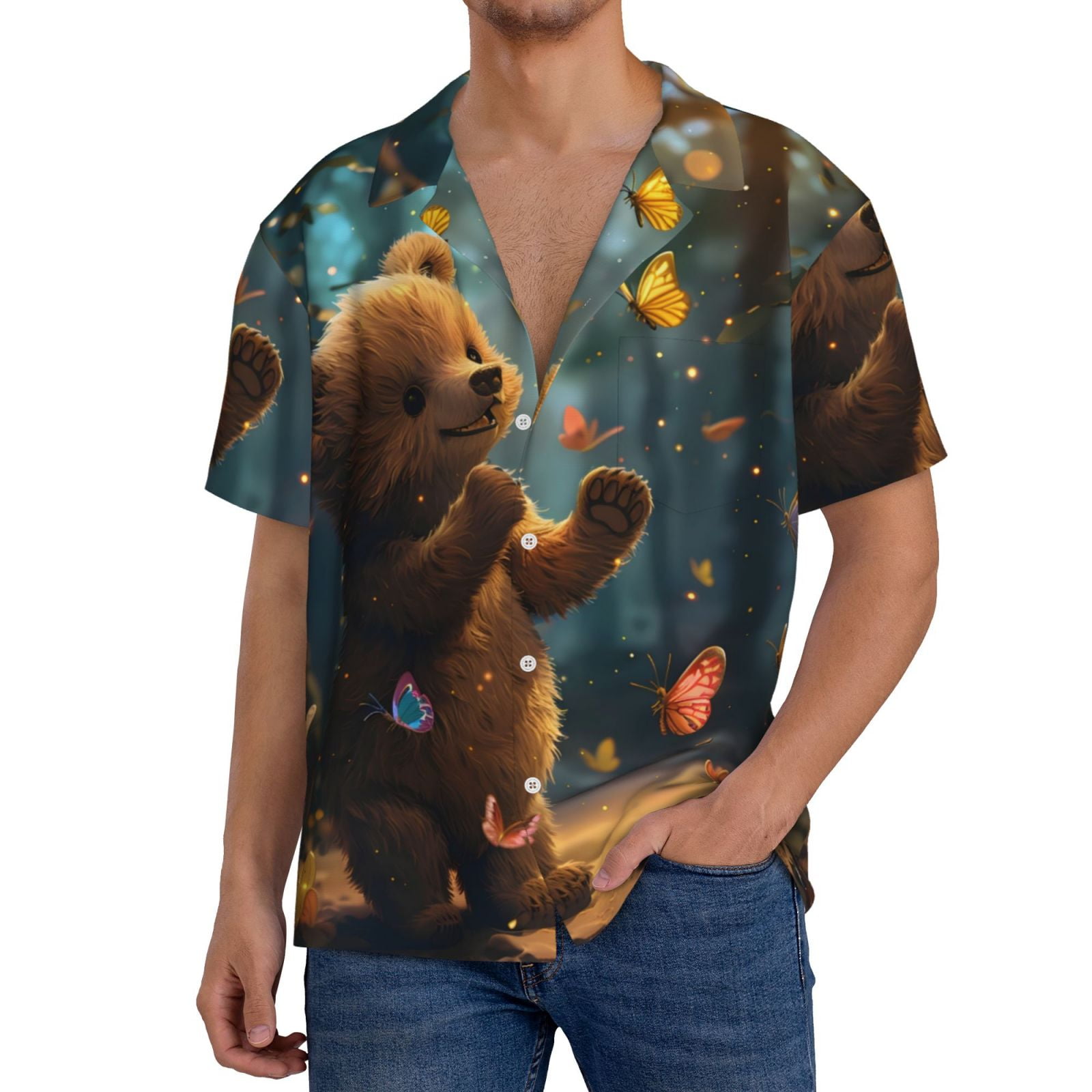 Sikiie Cute Butterfly Bear Men's Wrinkle Free Untucked Cuban Shirt Business Casual Button Down ...
