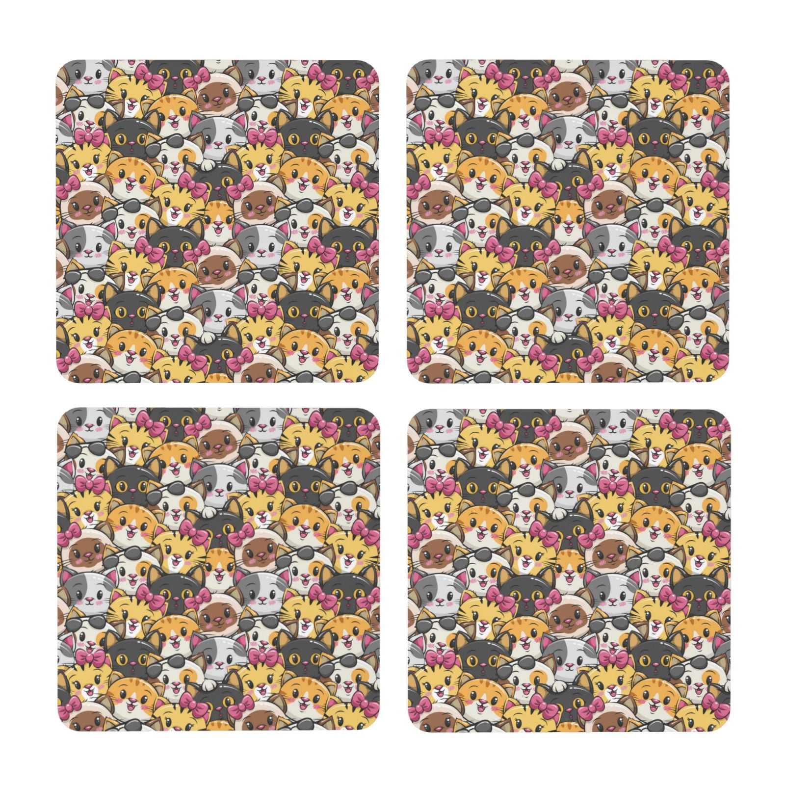 Sikiie Cute Cat MDF Cork Coaster 4 Pcs - Absorbent Beverage Coasters ...