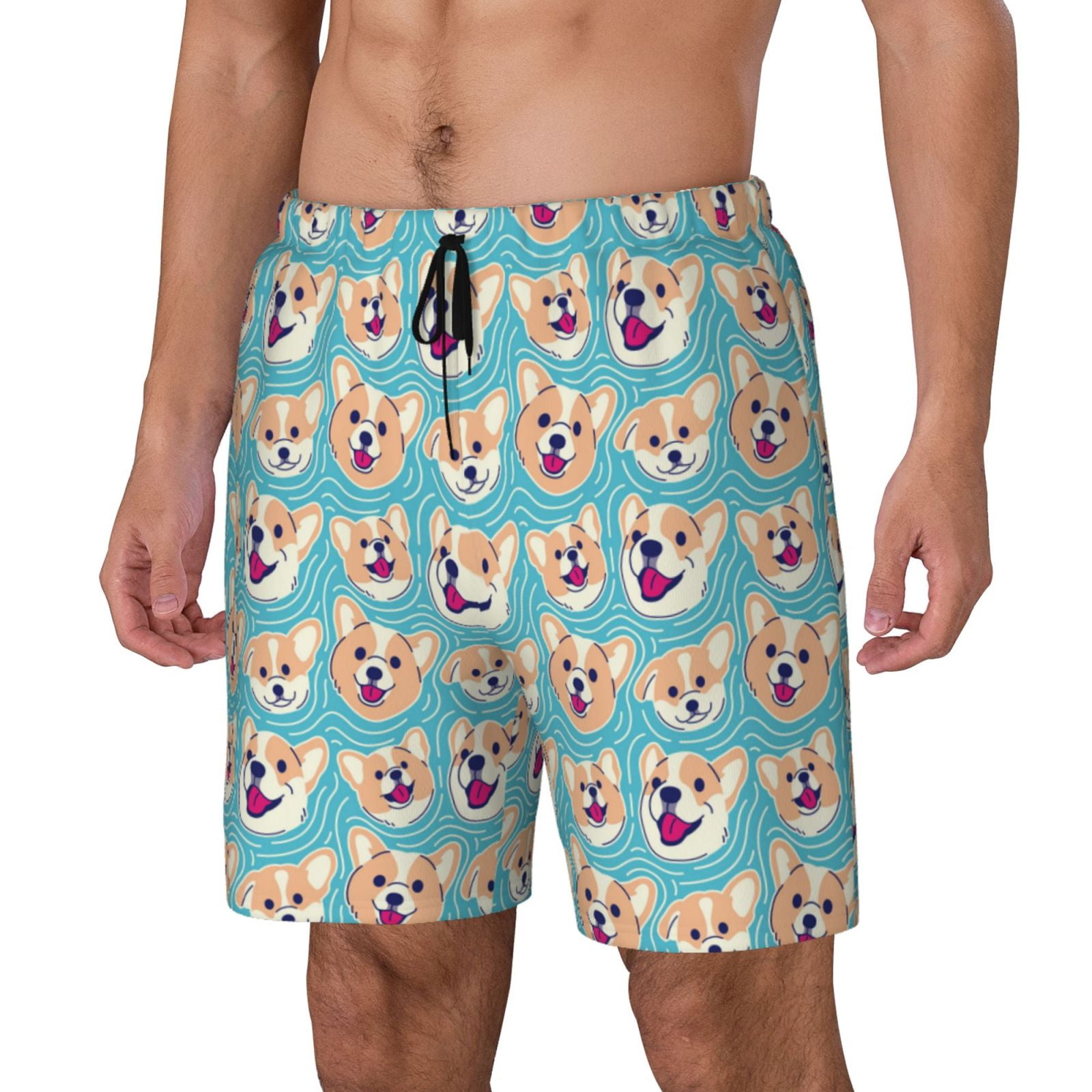 Sikiie Cute Corgi Head Print Men's Double Layer Swimming Trunks ...