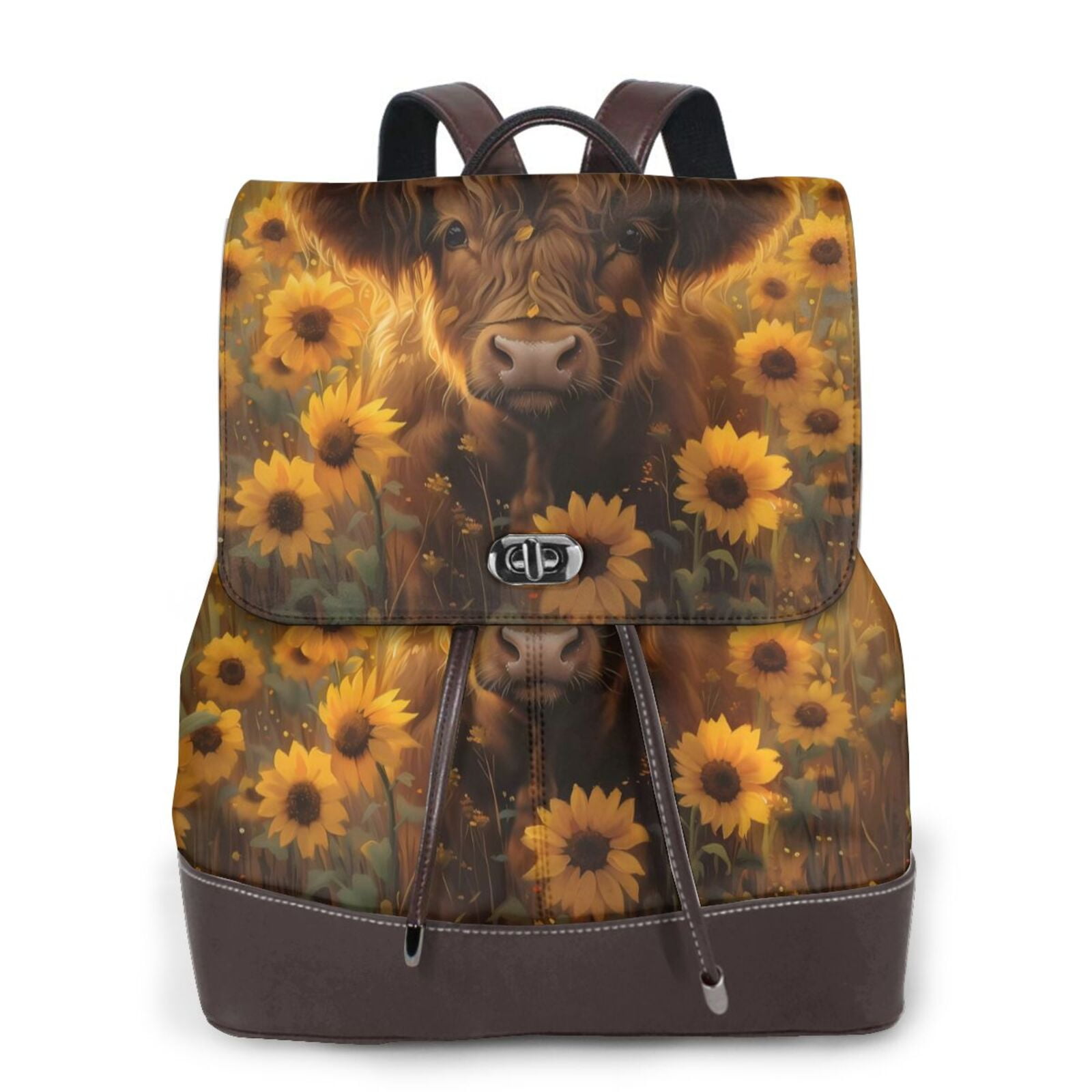 Sikiie Cute Cow Sunflower Field Women Genuine Leather Backpack Fashion ...