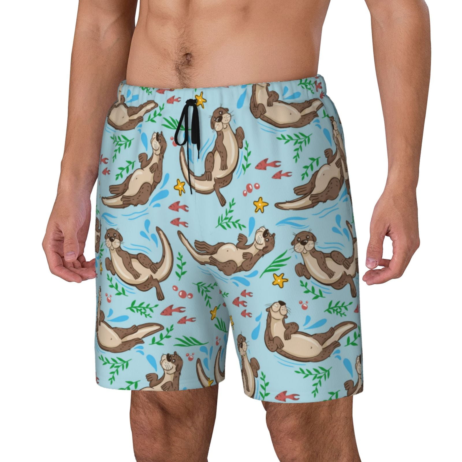 Sikiie Cute Otters Print Men's Double Layer Swimming Trunks, Adjustable ...
