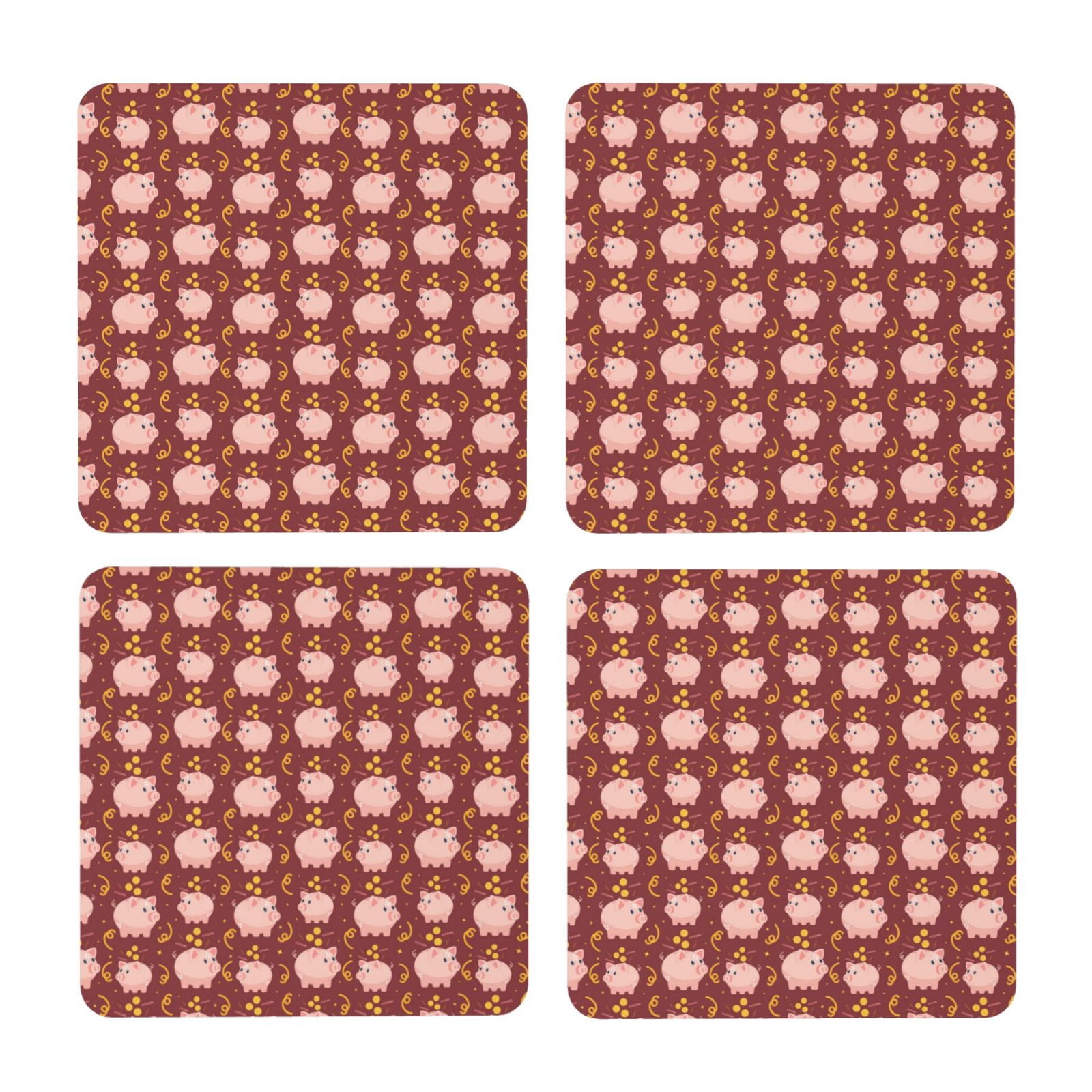 Sikiie Cute Pig with Coins MDF Cork Coaster 4 Pcs - Absorbent Beverage ...