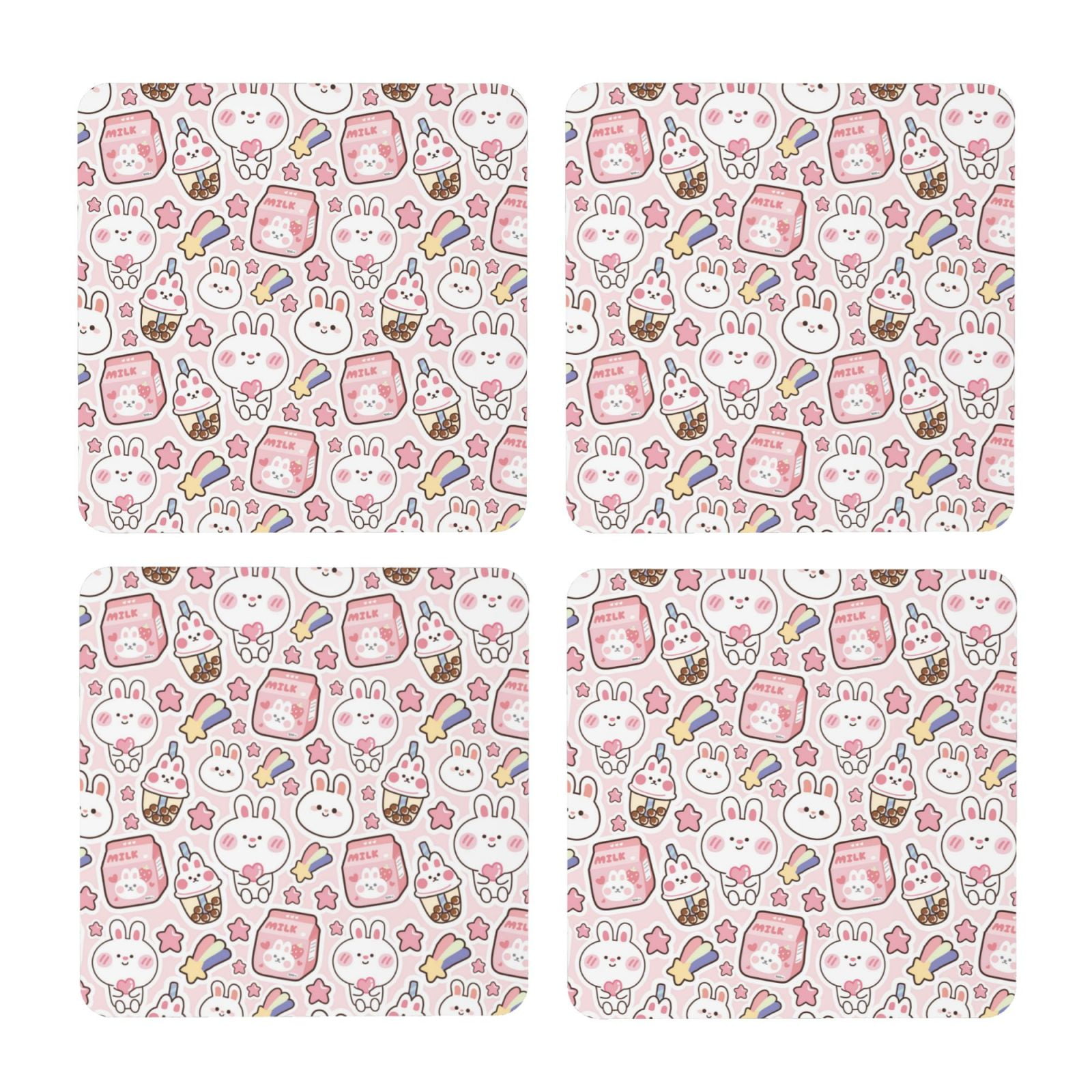 Sikiie Cute Rabbit MDF Cork Coaster 4 Pcs - Absorbent Beverage Coasters ...