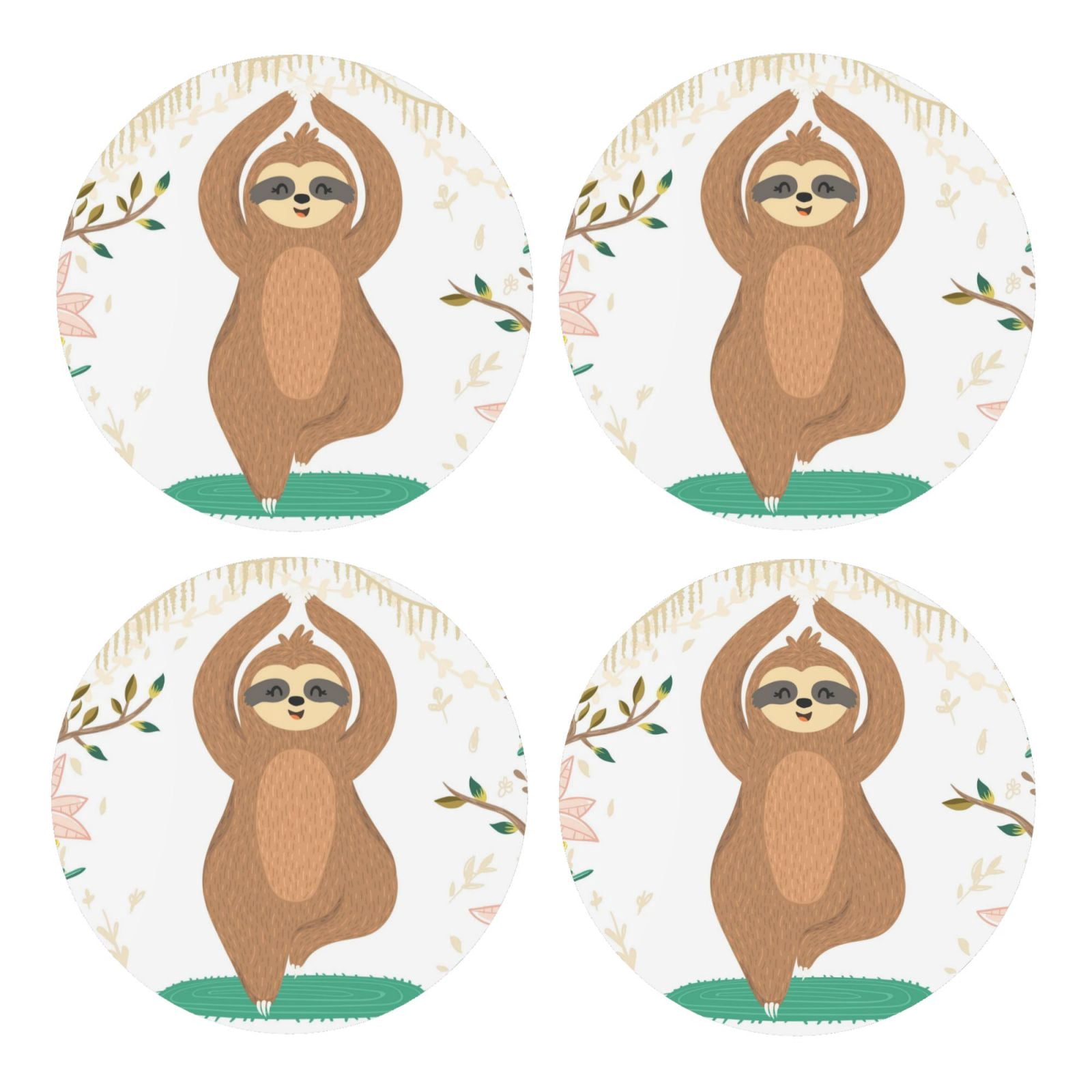 Sikiie Cute Sloth In Yoga Pose Tree MDF Cork Coaster 4 Pcs - Absorbent ...