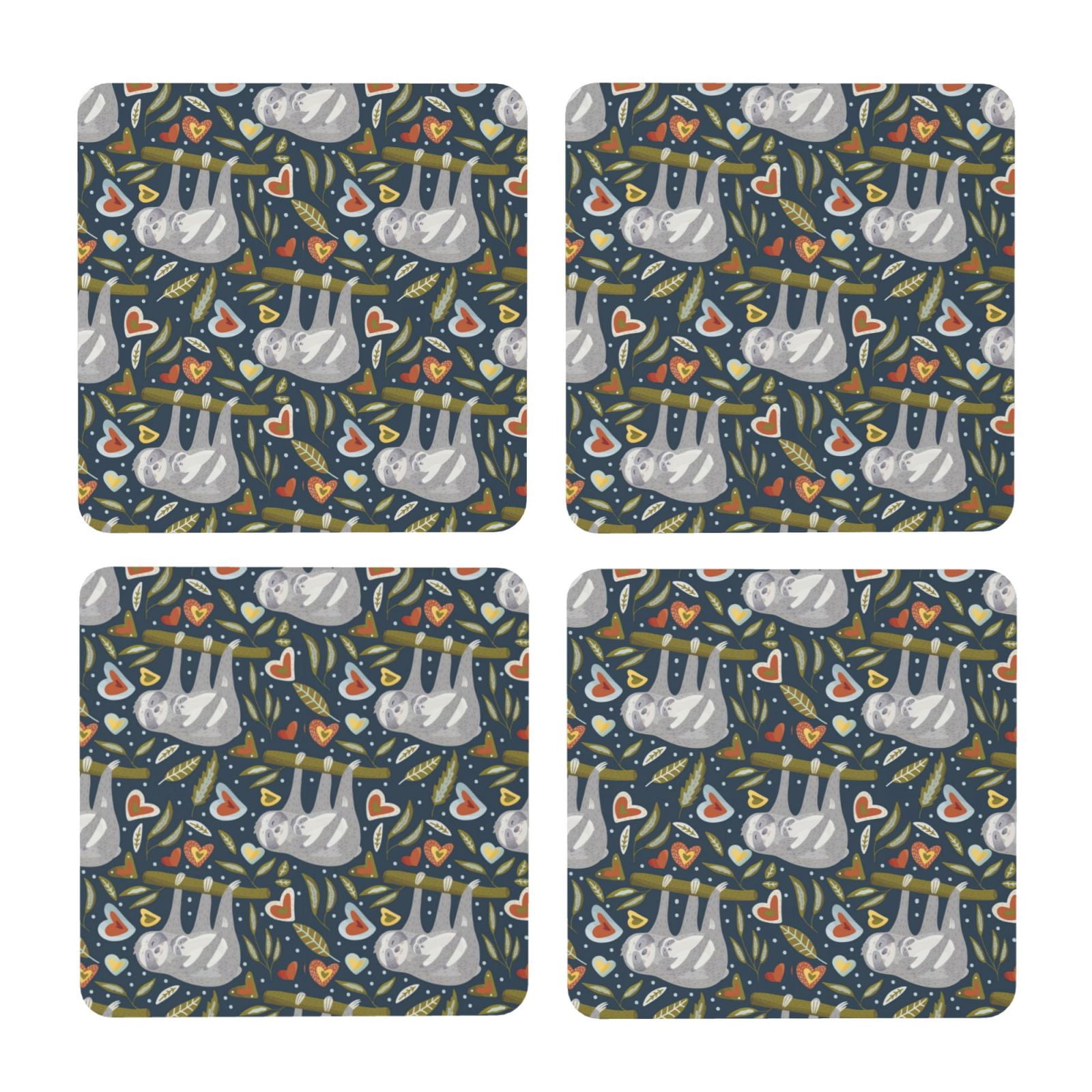 Sikiie Cute Sloth MDF Cork Coaster 4 Pcs - Absorbent Beverage Coasters ...